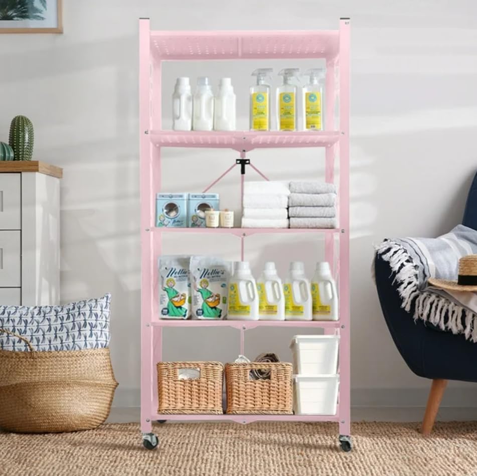 AZEITE 5-Tier Storage Shelving Unit, Heavy Duty Metal Shelf 27.9"x13.4"x62.5, Foldable Storage Shelf with Wheels, Garage Shelf, Kitchen Shelf with 4 Hooks, No Assemble Require(Pink)