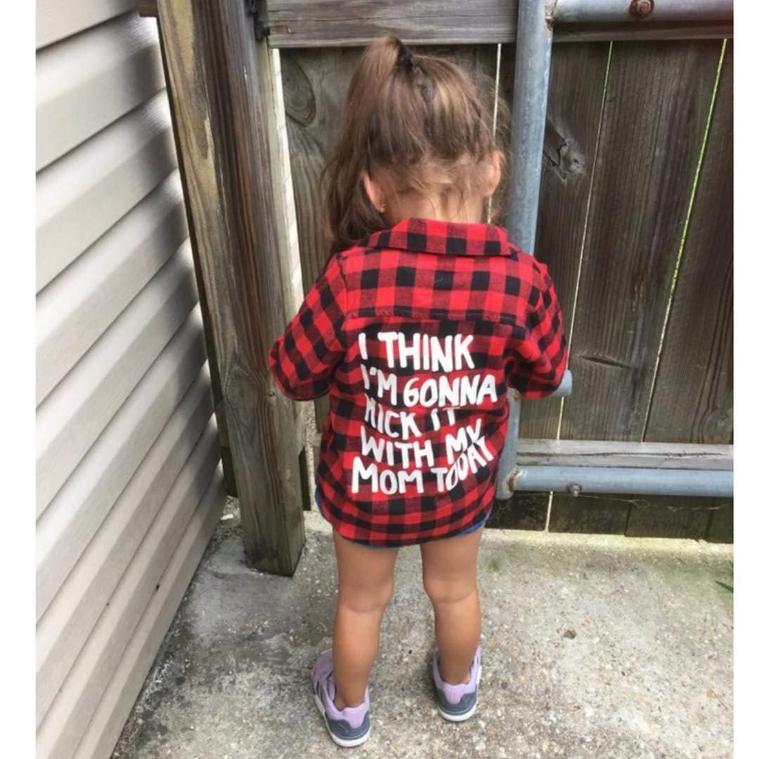 Toddler Baby Boys Girls Flannel Plaid Shirt Long Sleeve Lepel Button Down Back Letters Print Shacket Coat Top (Red Kick It with Mom,1-2 Years)