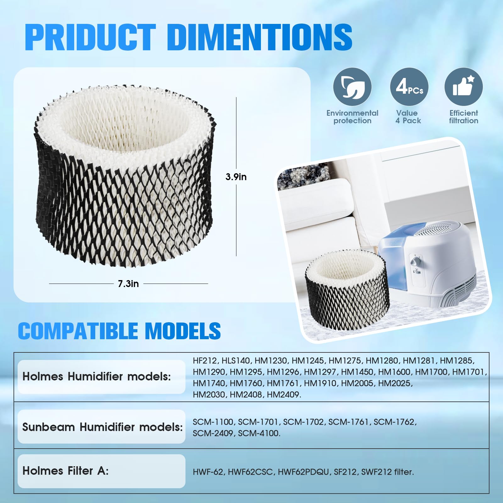 4 Pack Filters Replacement Compatible with HEV615 HEV620 HEV615B HEV615W HEV620B HEV620W