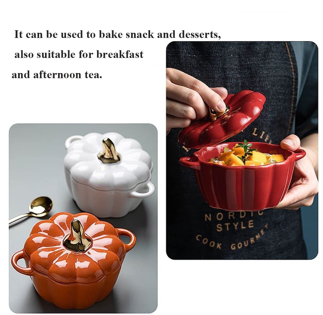 Dutch Oven Pot with Lid, Pumpkin Pottery Dessert Saucepan, Mini Baking Dish Cute Pumpkin Bowl, Covered Dutch Oven Ceramic Stockpot, Pumpkin-Shaped Casserole (Orange)
