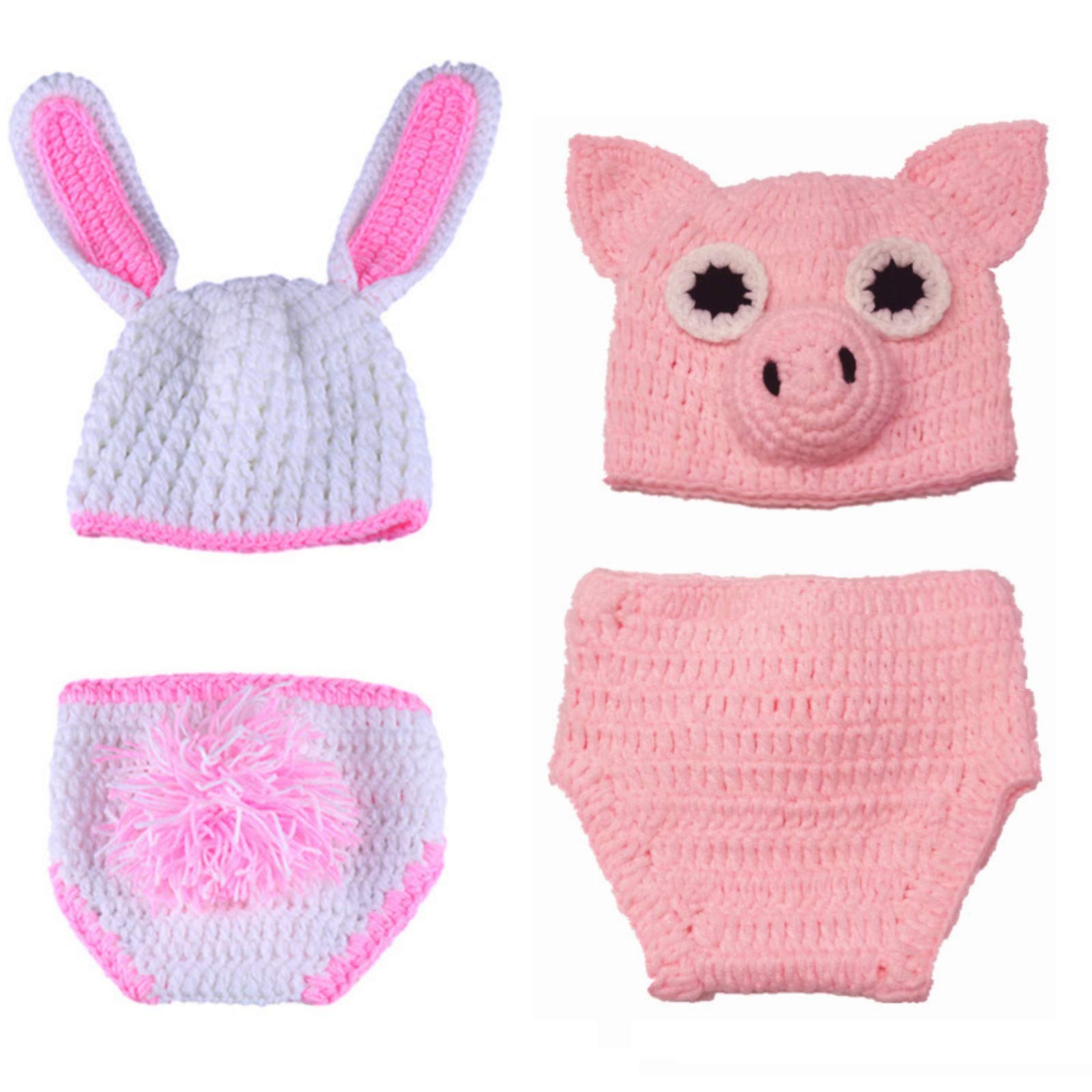 4pcs Newborn Knitted Photography Outfits Props Bundle | Includes Rabbit Hat Diaper Set and Pig Hat Diaper Set