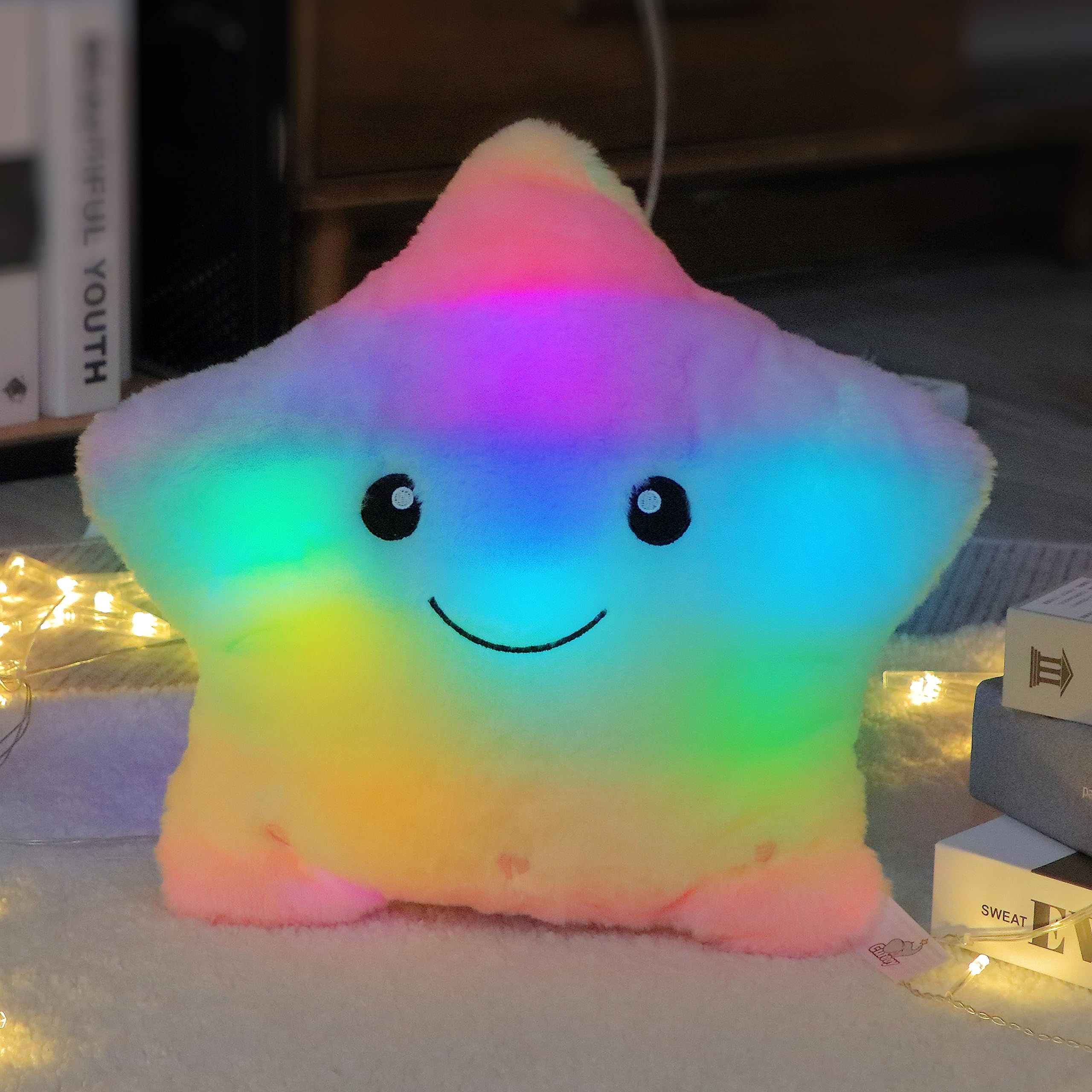 Cuteoy 13" Musical Rainbow Star Plush Pillow Glowing Twinkle Night Light Stuffed Animal LED Toys Adjustable Volume Birthday for Girls Boys