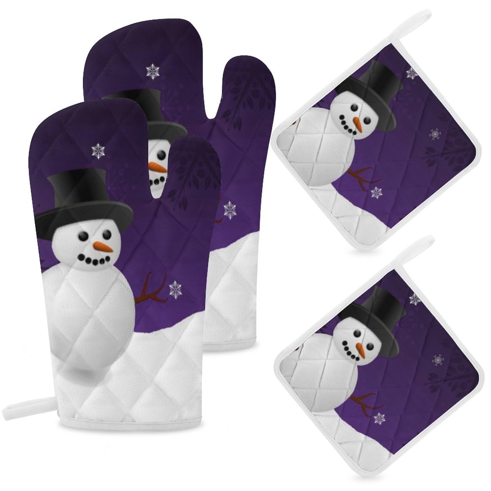 4PCS Oven Mitts and Pot Holders Sets, Purple Snowman Winter Christmas Oven Mitts Set Heat Resistant Kitchen Microwave Gloves Safe for Baking,Cooking, BBQ
