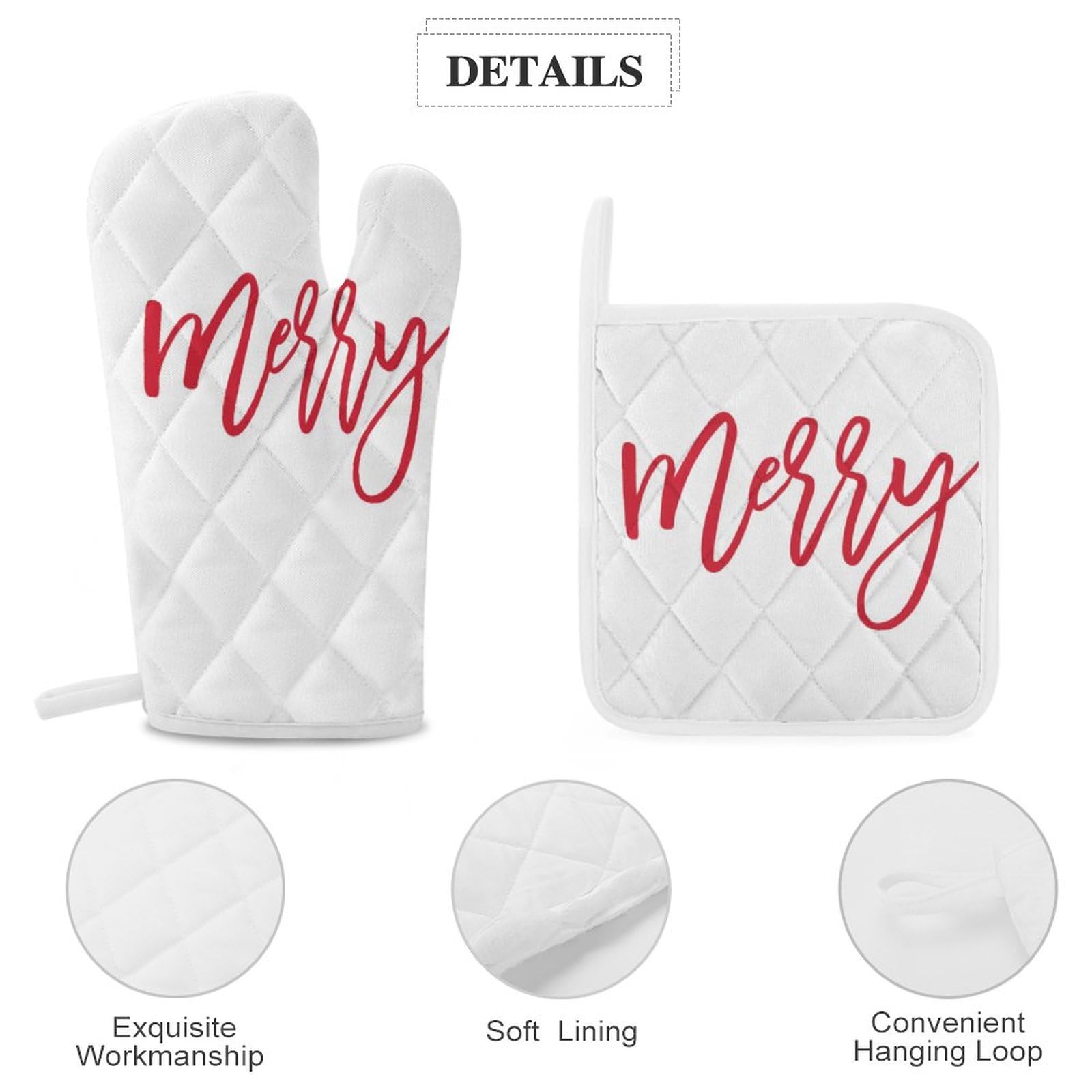 4PCS Oven Mitts and Pot Holders Sets, Merry Modern Red Holiday Christmas Oven Mitts Set Heat Resistant Kitchen Microwave Gloves Safe for Baking,Cooking, BBQ