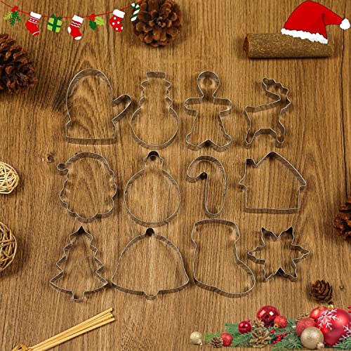 Crethinkaty Christmas Cookie Cutter Set 12 Pieces Stainless steel Gingerbread Man,Snowflake,Snowman,Christmas Tree,Reindeer and More Shape Xmas Cookie Cutters for Baking