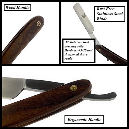 G.B.S Wooden Handle Straight Edge Stainless Steel Barber Shaving Straight Razor, Handmade, Extra Sharp With Leather Razor Travel Case