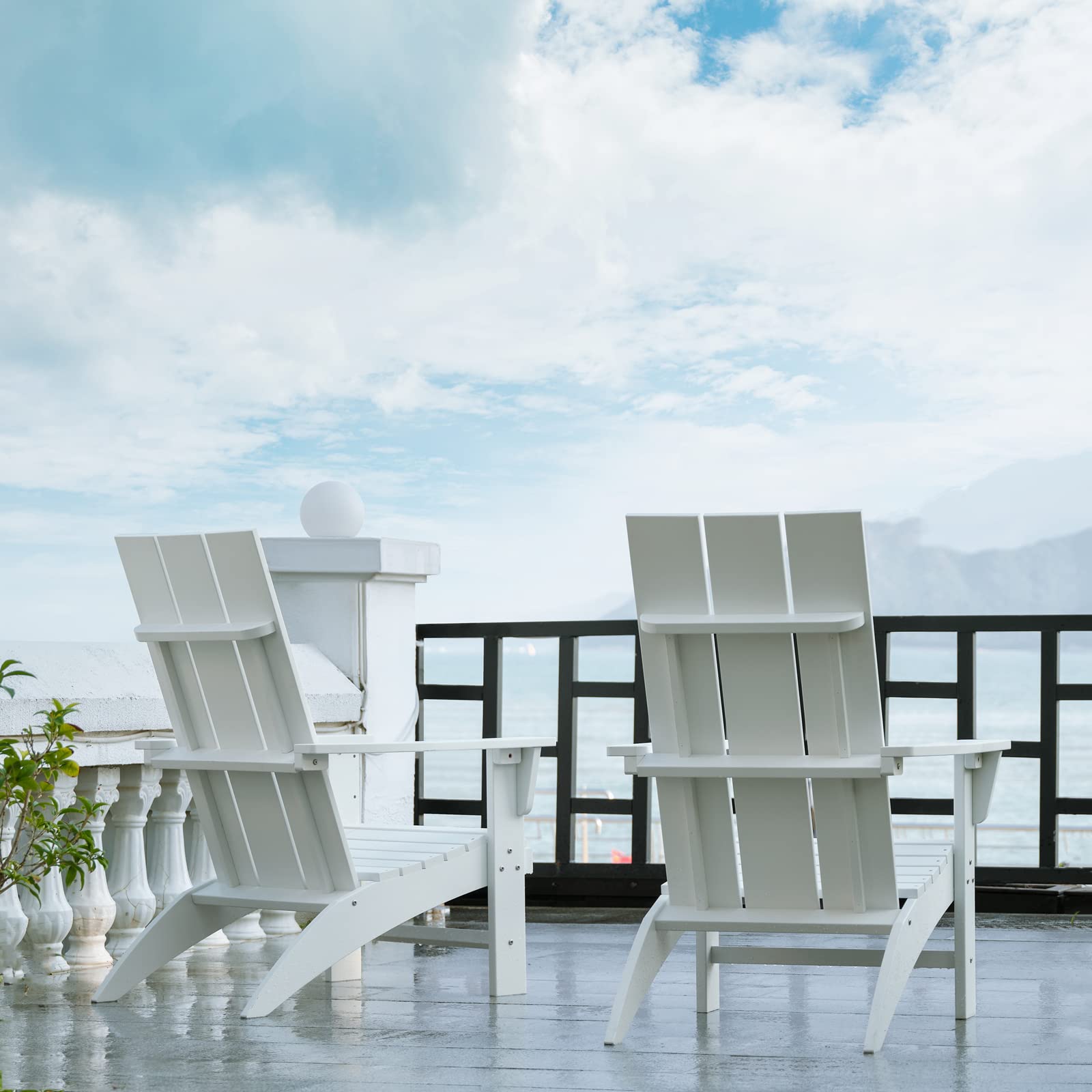 Psilvam Modern Adirondack Chairs Set of 4, Oversized Poly Lumber Fire Pit Chair, 350 Lbs Support Patio Chairs for Garden, Weather Resistant Adirondack Chair Looks Like Real Wood (4, White)