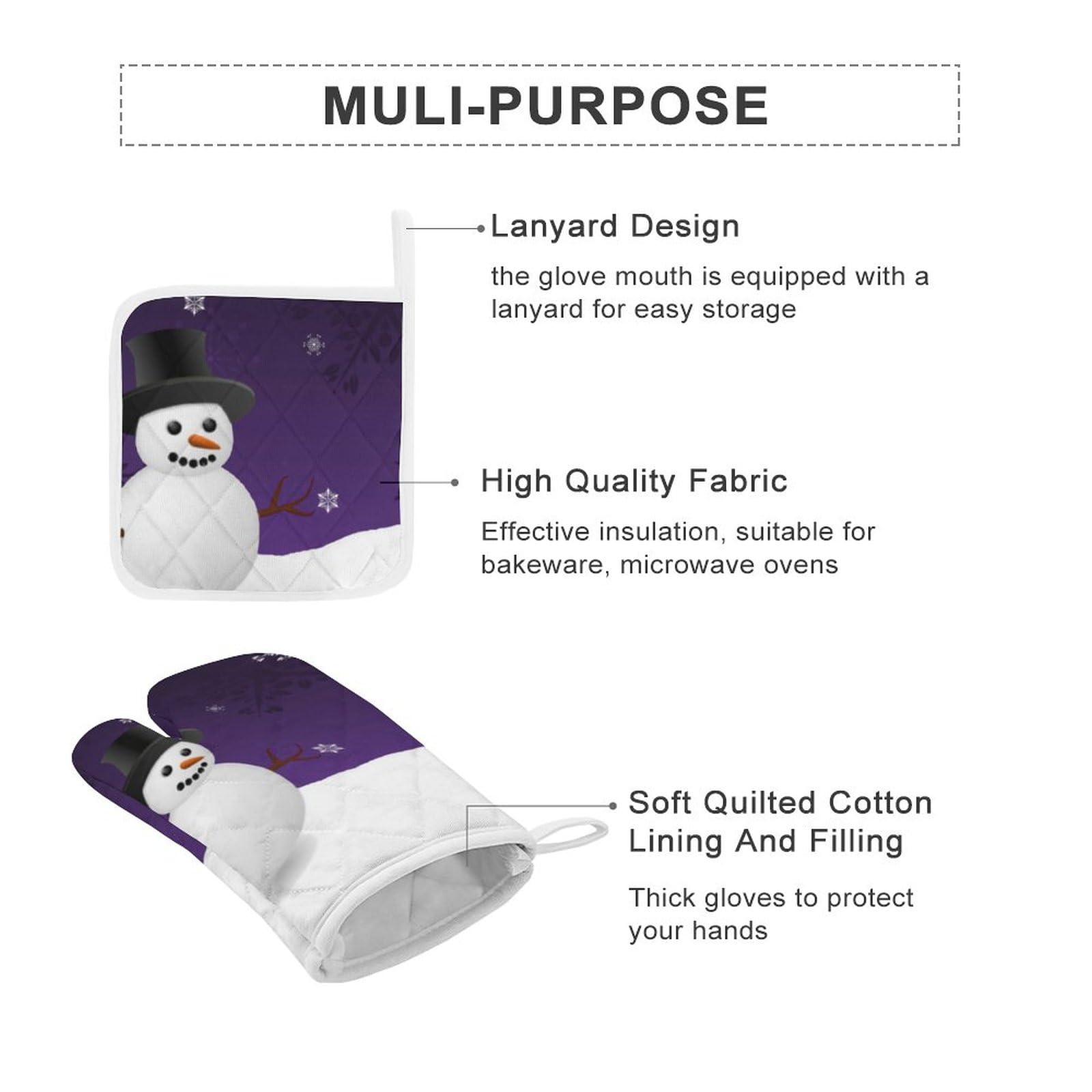4PCS Oven Mitts and Pot Holders Sets, Purple Snowman Winter Christmas Oven Mitts Set Heat Resistant Kitchen Microwave Gloves Safe for Baking,Cooking, BBQ