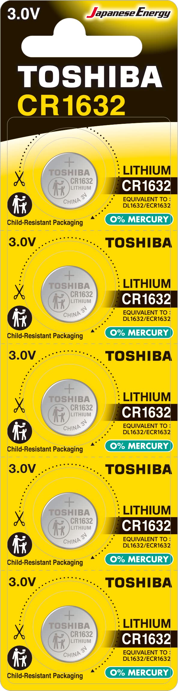 TOSHIBA CR1632 3V Lithium Coin Cell Battery 5 Batteries Strip Child-Resistant Packaging