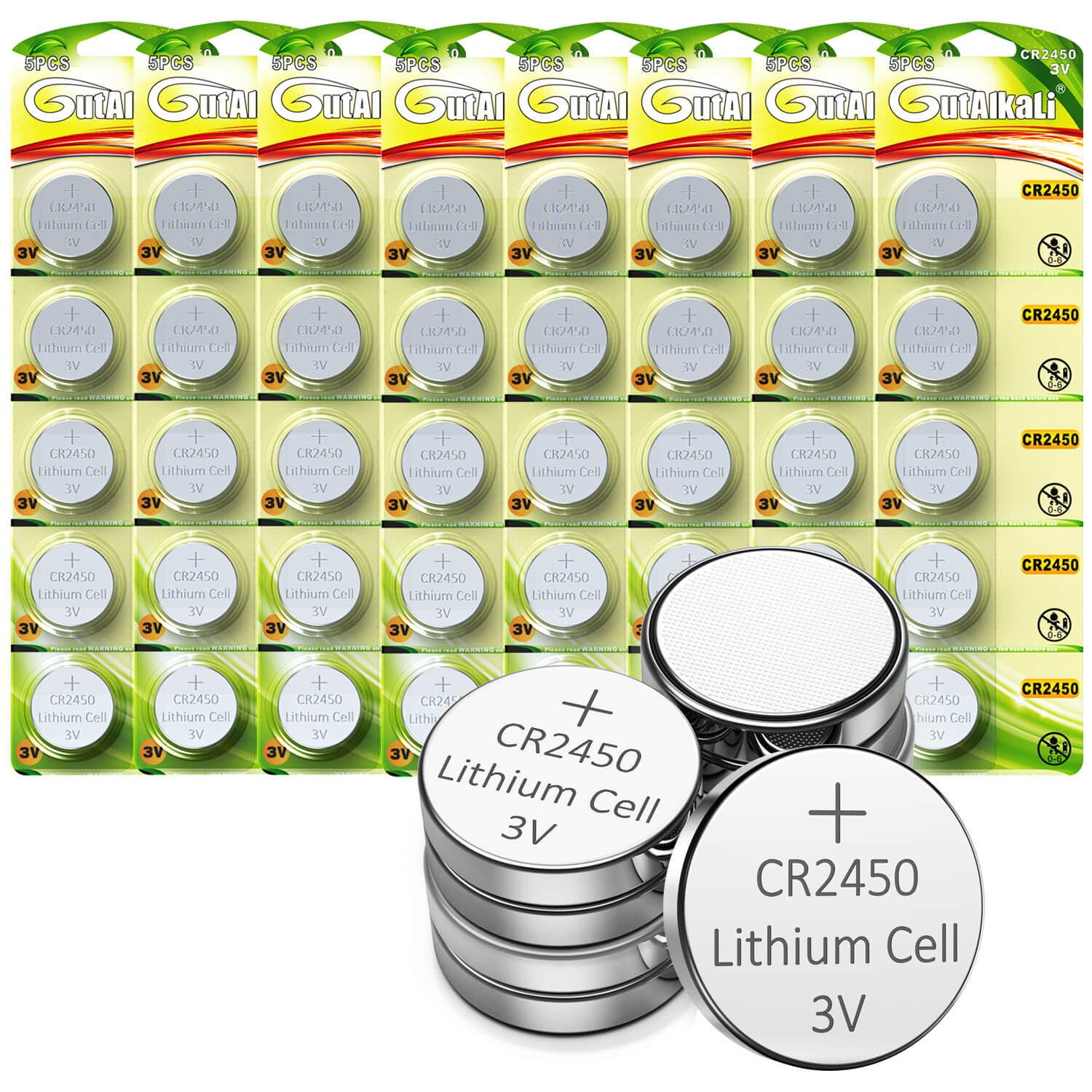 GutAlkaLi CR2450 3V Lithium Batteries - 40 Pack of High-Performance, Long-Lasting Coin Cell Batteries