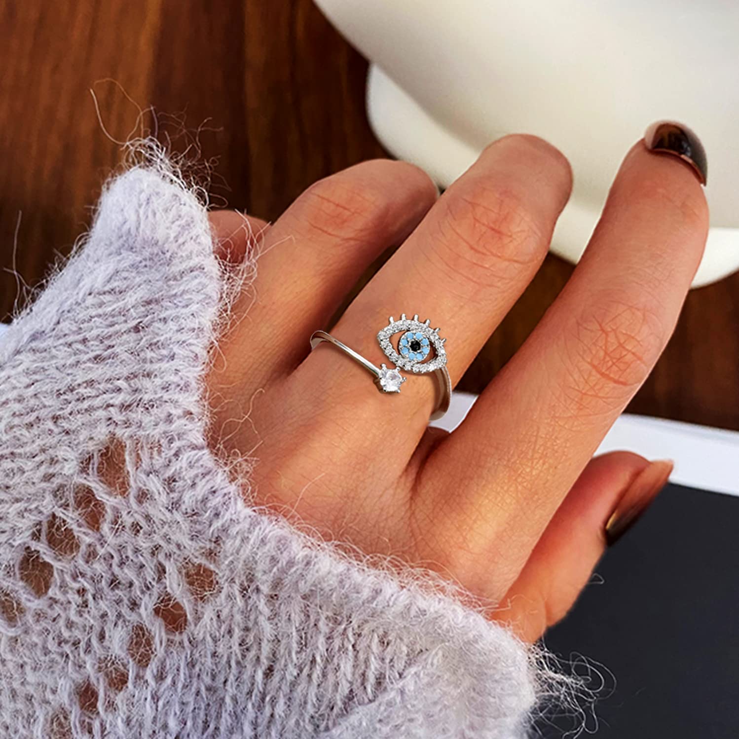 ADRAMATA Evil Eye Rings for Women Sterling Silver Rings Blue Evil Eye Jewelry Adjustable Eye