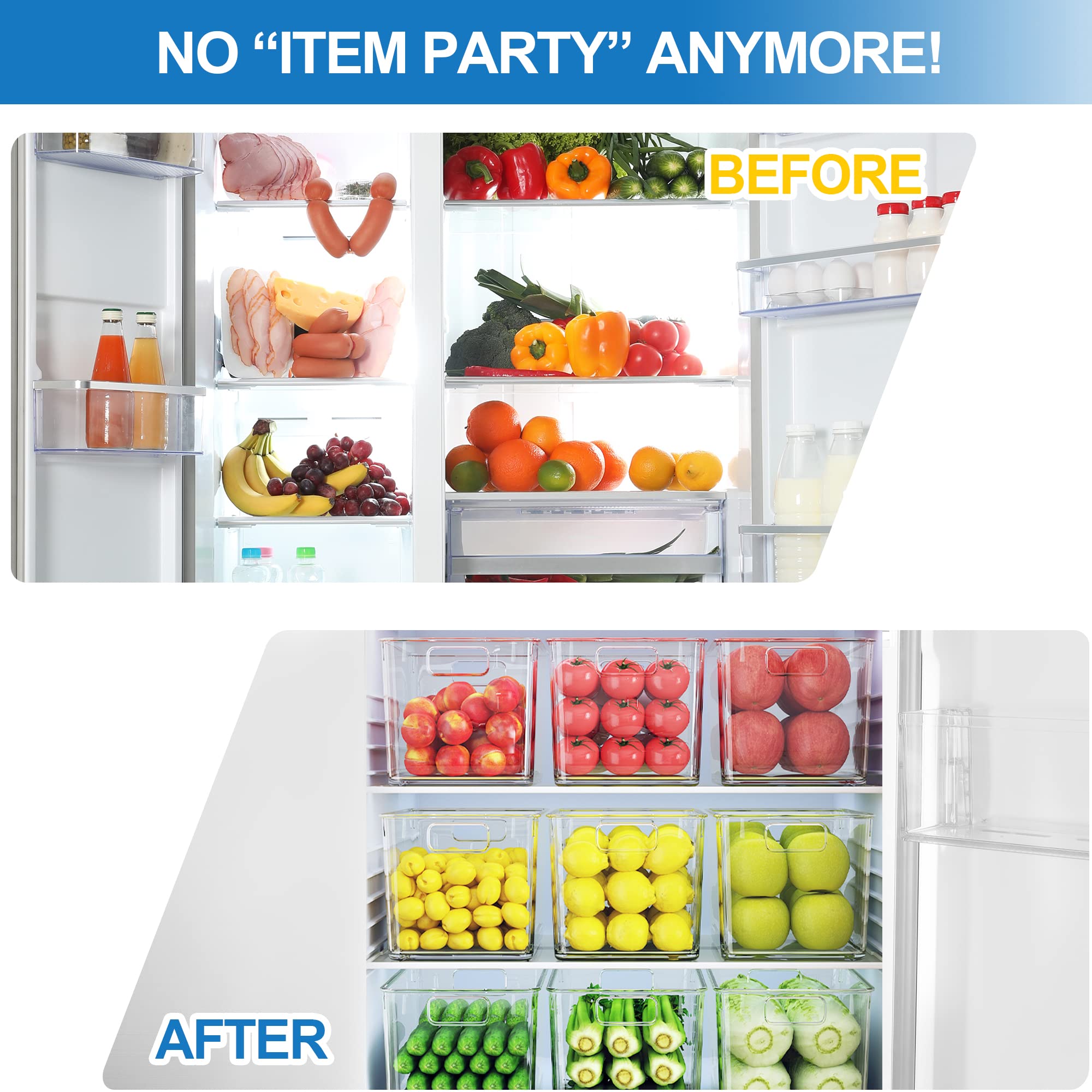 8pcs Refrigerator Organizer Bins with Lids - Clear Plastic Storage Bins, Stackable Food Fridge Organizers with Cutout Handles, Fruit Vegetable Storage Containers for Kitchen Pantry Organization