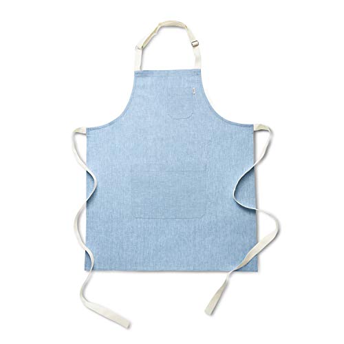 Solino Home Linen Kitchen Apron â 100% Pure Linen Bib Apron for Men & Women with front Pockets â Light Blue, Handcrafted from European Flax