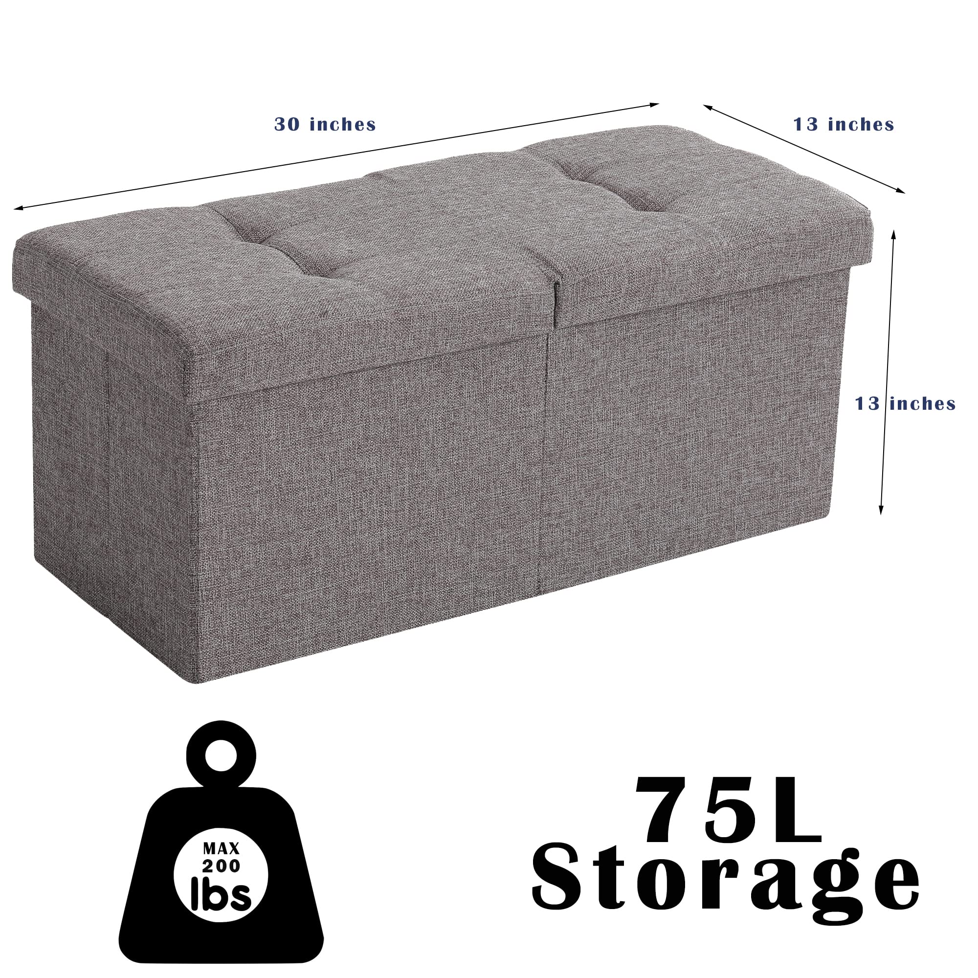 CUYOCA Storage Ottoman Bench Foldable Seat Footrest Shoe Bench End of Bed Storage, 80L Storage Space, 30 inches Linen Fabric Cream