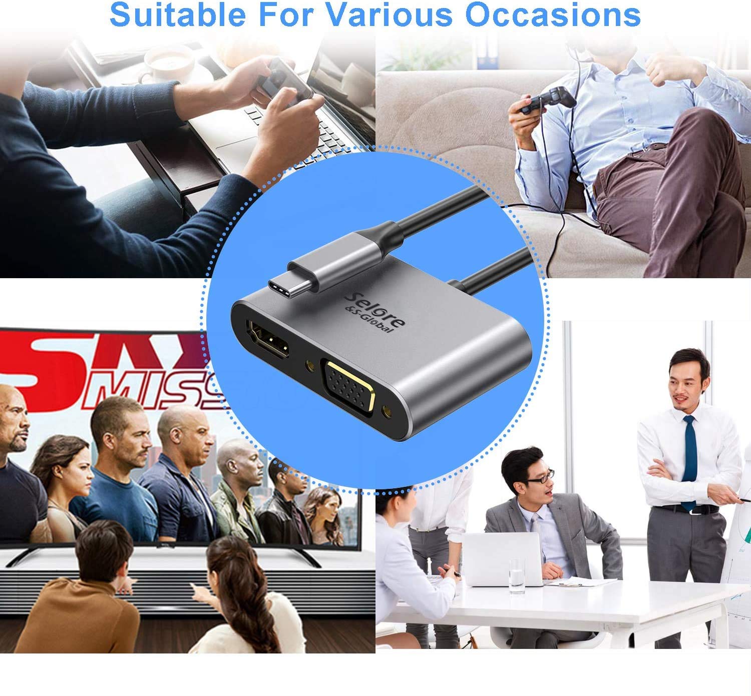 USB C to HDMI VGA Adapter,USB Type C to VGA HDMI Adapter Thunderbolt 3 VGA Adapter for MacBook Pro/iPad Pro/Air 2020 2019 2018,Dell XPS 13/15,Surface Pro, Galaxy S8/S9, Huawei P20
