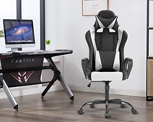 Ergonomic Office Chair PC Gaming Chair Cheap Desk Chair PU Leather Racing Chair Executive Computer Chair Swivel Rolling Lumbar Support for Women Men, White