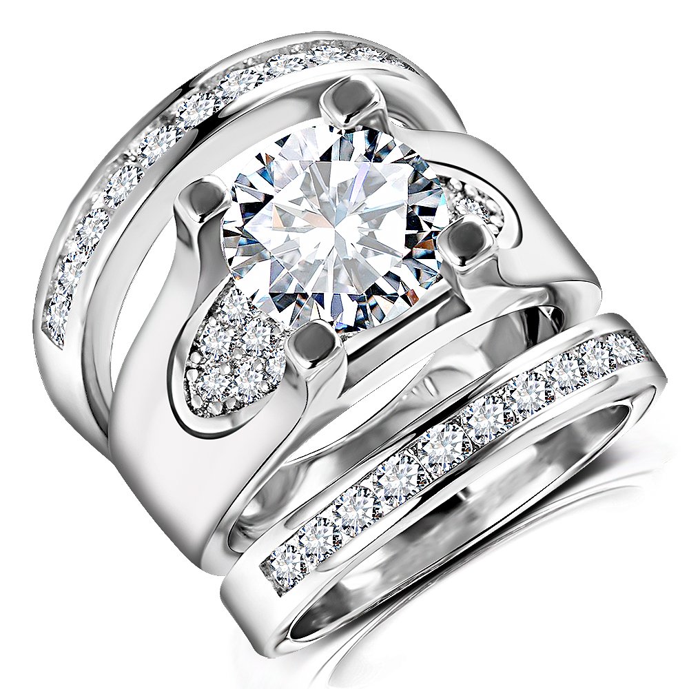 3 PCS Round Cut CZ Bridal Sets - 5.56 Ct Cubic Zirconia Silver Color Promise Engagement Wedding Rings Set for Women