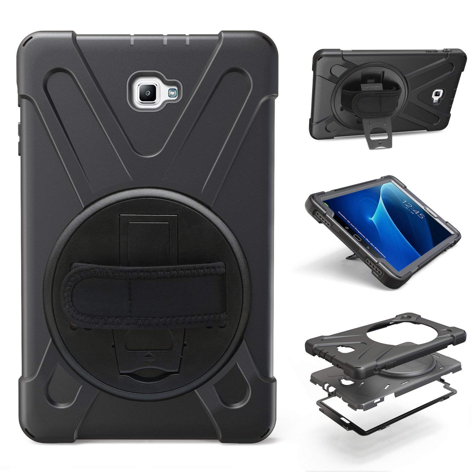 Galaxy Tab A 10.1 P580 2016 Case, KIQ Shockproof Heavy Duty Military Full-Body Protection Kickstand Screen Protector for Samsung Galaxy A 10.1 with S-Pen 2016 SM-P580 & SM-P585 (Shield Black)