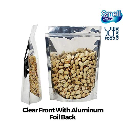 Stand Up Pouches, Resealable Odor Proof Bags, Zip Top Waterproof For Food Storage, Heavy Duty Ziplock, Clear Front With Aluminum Foil Back, Heat Sealable, 5 x 8 inch, 100 Pack