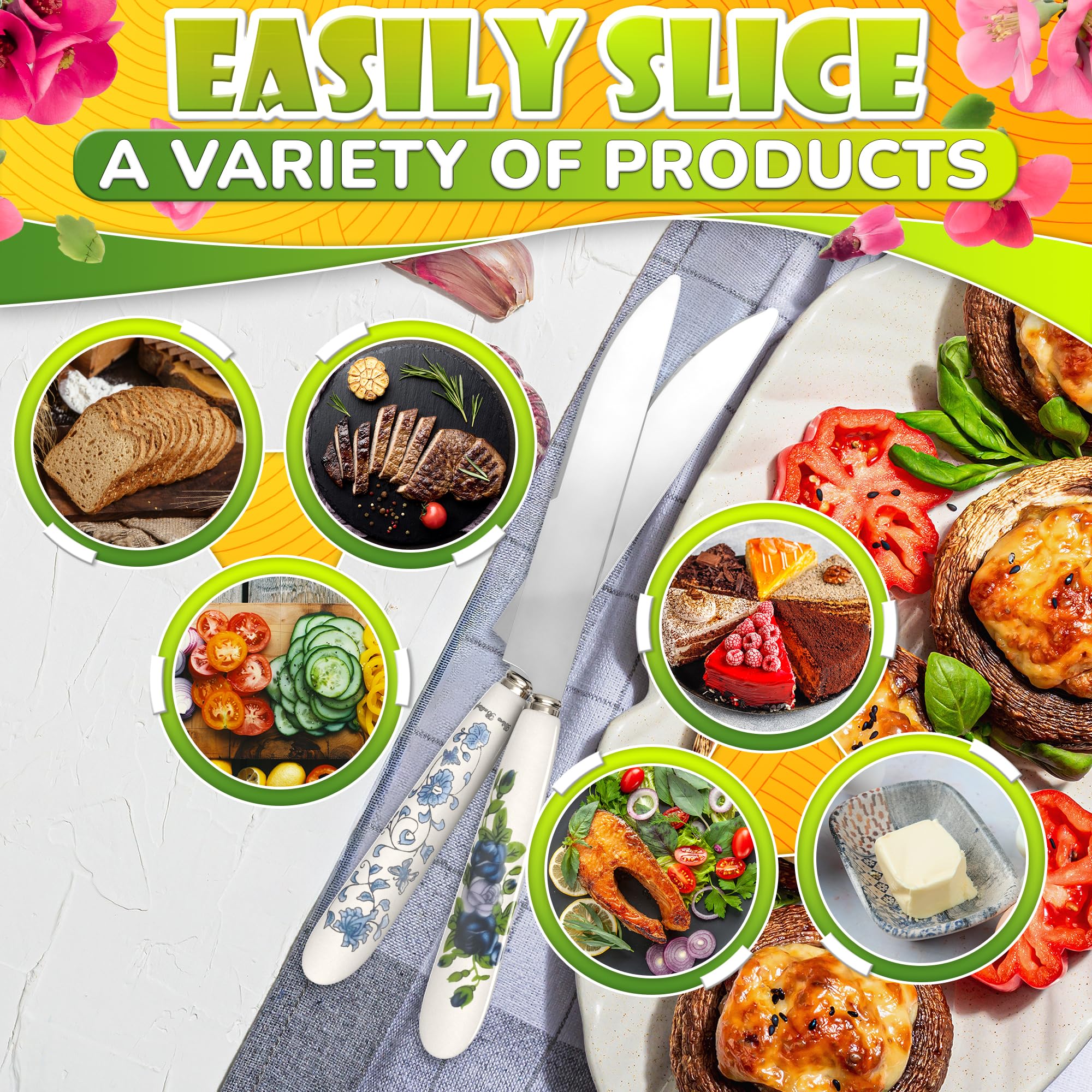 Dinner Knives Ceramic Handle Flatware Set - Floral Knife Butter Knives Set of 6 Stainless Steel Knives Kitchen Knife Dinner Knife Butter Knife Set - Table Knives Floral Knife Set Dinner Knife Set