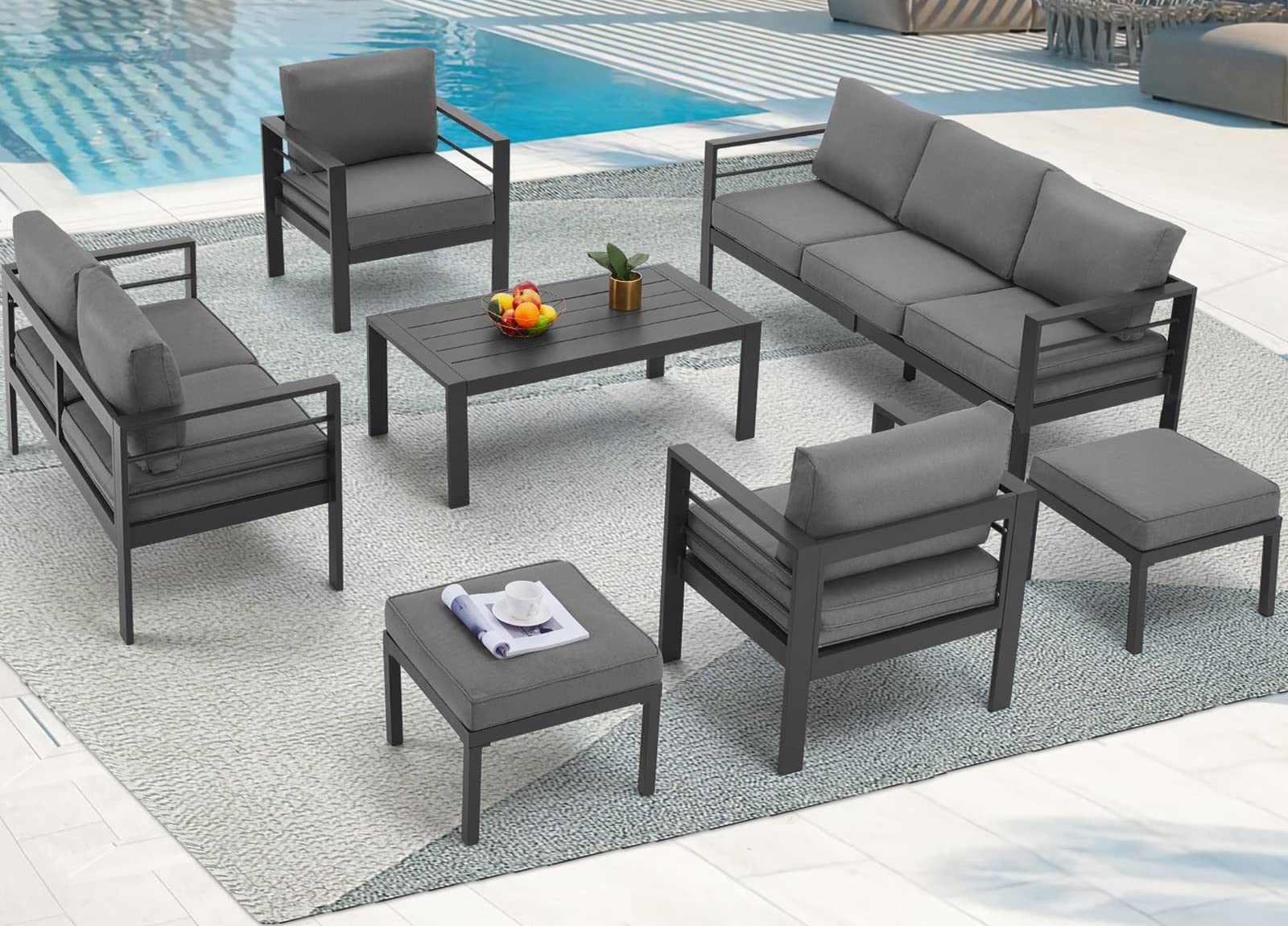 AECOJOY Aluminum Modern Patio Furniture with Coffee Table, 7 Pieces Outdoor Conversation Set with Dark Grey Cushions for Balcony, Porch, Lawn and More