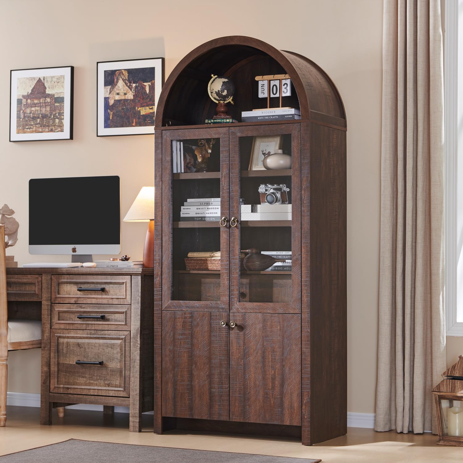 71” Tall Arched Bookshelf, Modern Farmhouse Bookcase w/ Open & Adjustable Shelf, Wooden Display Cabinet with Large Hidden Drawer and Glass Doors, Versatile Bookshelf for Living Room, Bedroom, Grey