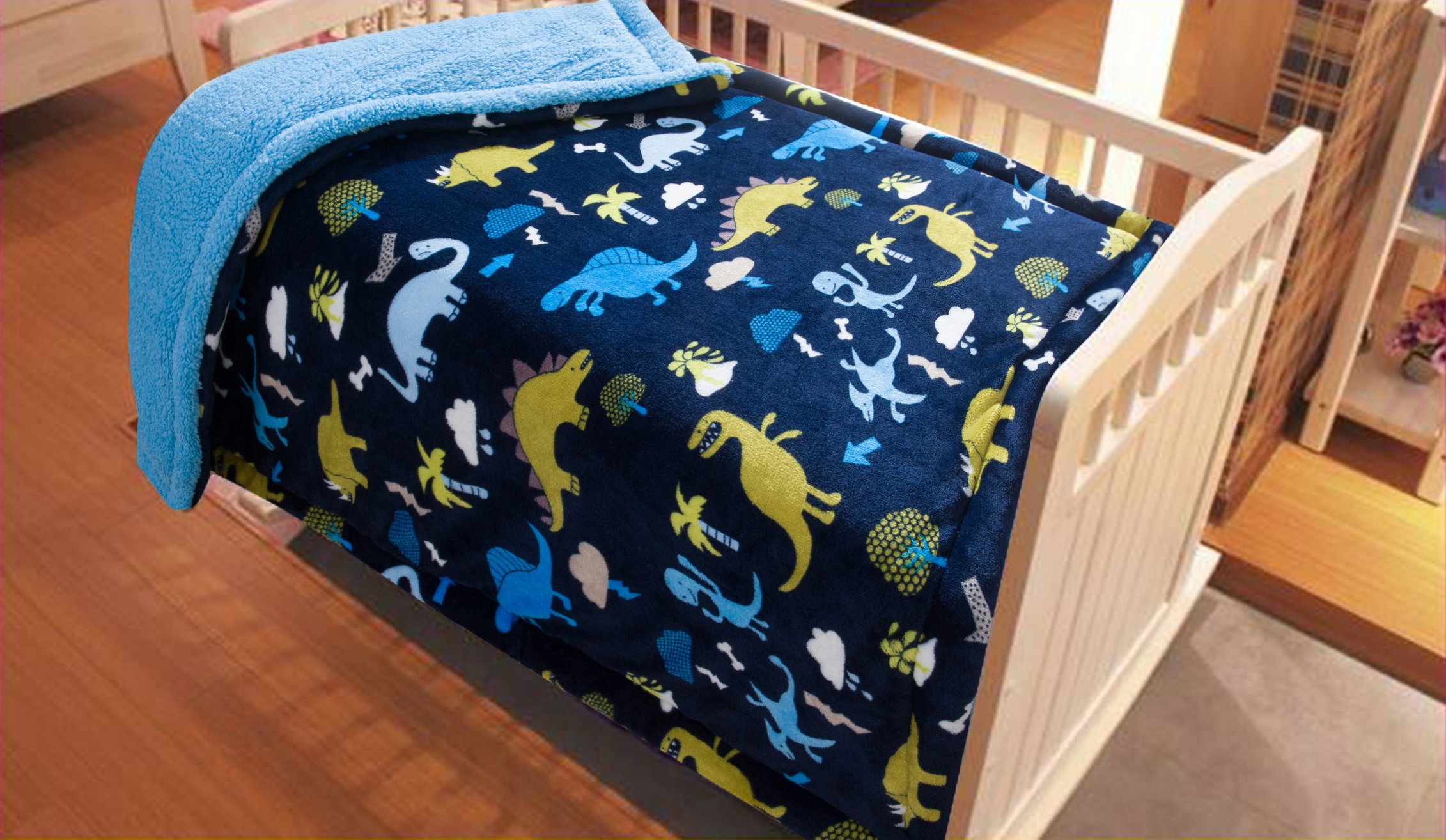 Golden Linens Baby Infants Printed Sherpa Borrego Ultra Soft Warm Throw Blanket Bed Cover 40" X 50" Navy Blue Dinosaur