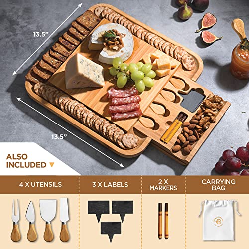 Large Charcuterie Board Gift Set - Bamboo Cheese Board and Knife Set - Wooden Cheese Board Platter - Meat/Cheese Cutting Board with 4 Cheese Knives - Mothers Day Gifts, Housewarming, Wedding Gift