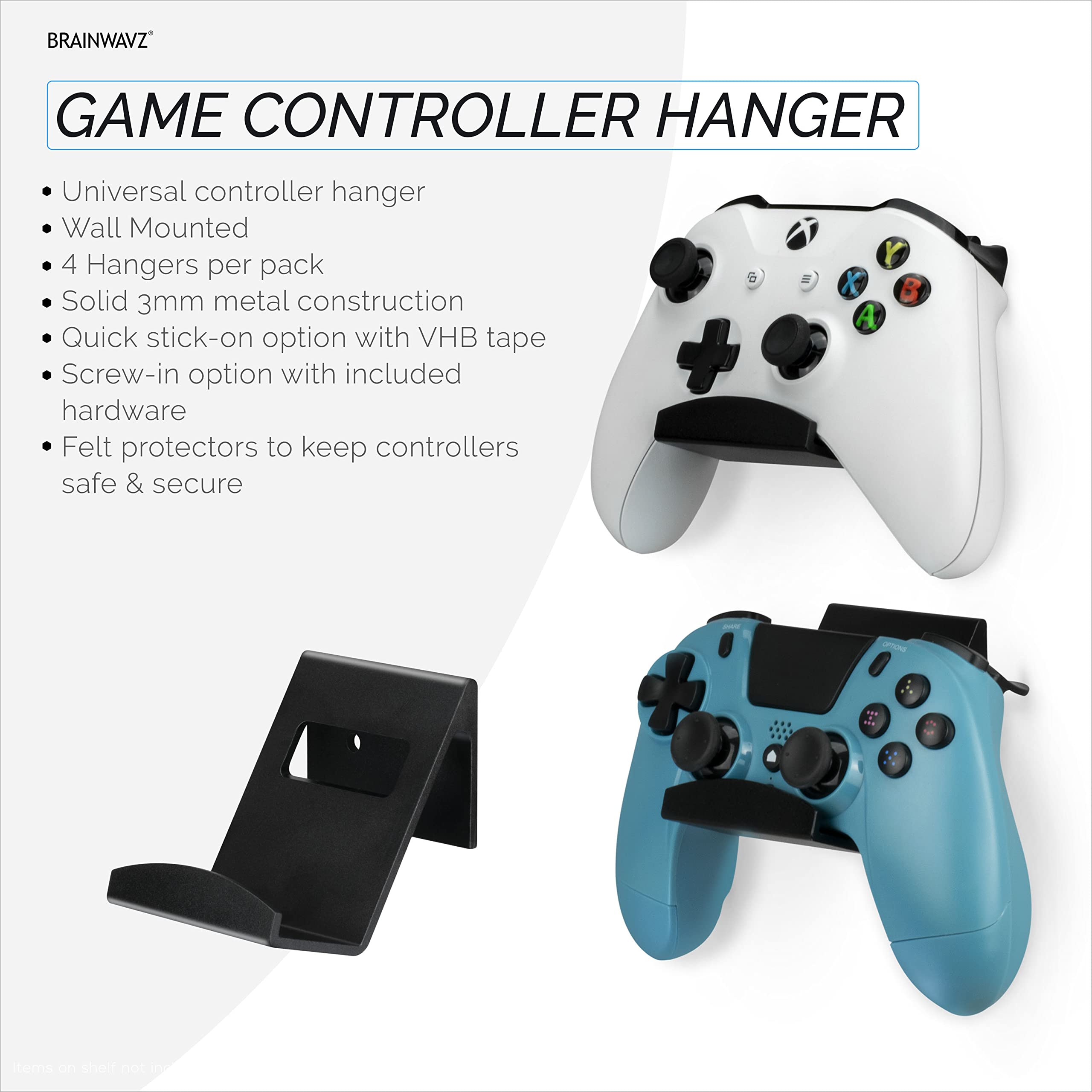 4 Pack Metal Controller Holder Stand Wall Mount for Xbox, PS5, PS4, PC & More Gaming Accessories, Adhesive & Screw Universal Fit by Brainwavz (Black)