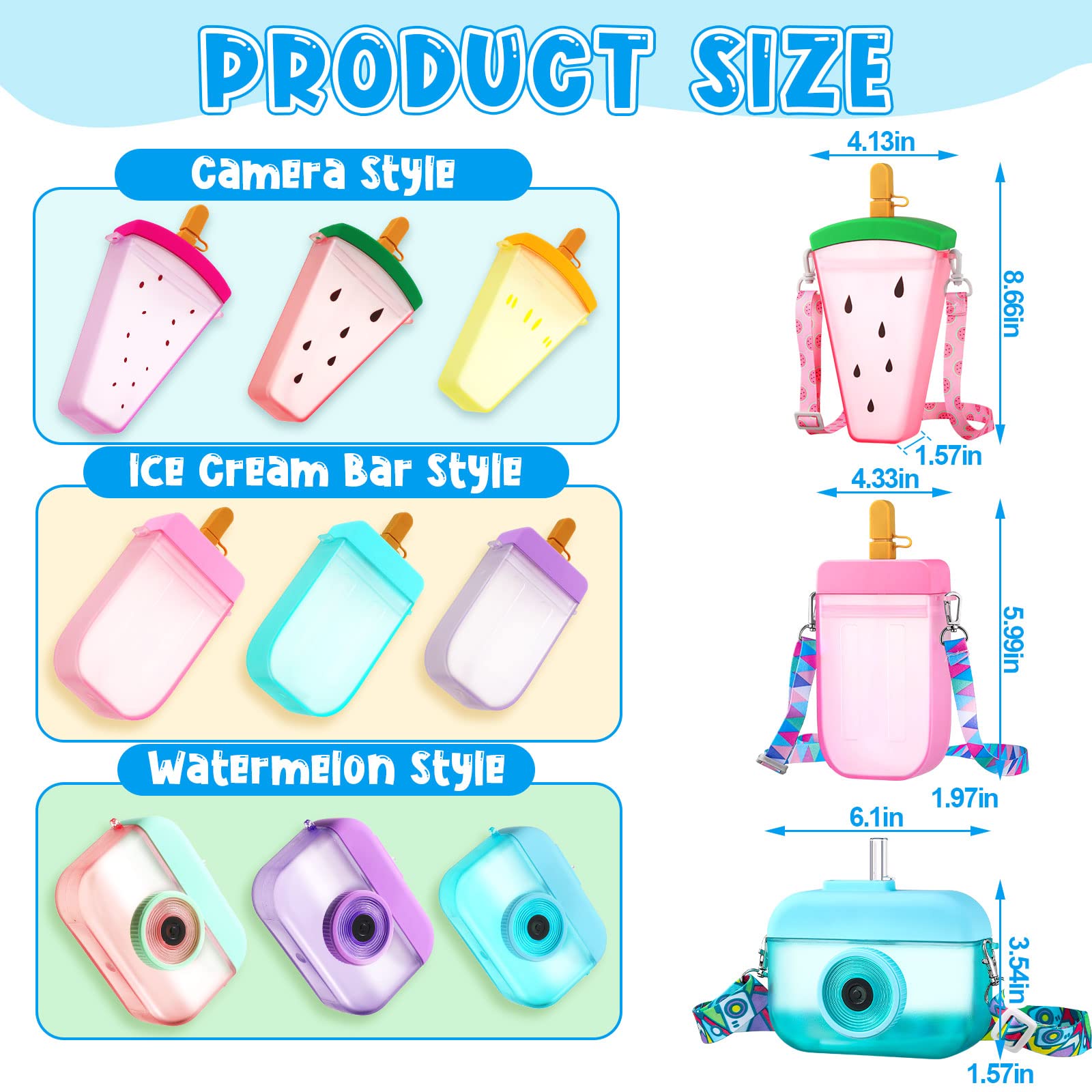 9 Pieces Cute Water Bottles with Straw Camera Ice Cream Bar Watermelon Shaped Adjustable Strap Plastic Water Bottle Leakproof Kawaii Water Bottle Plastic Fruit Water Cups for Kids School Girls Travel