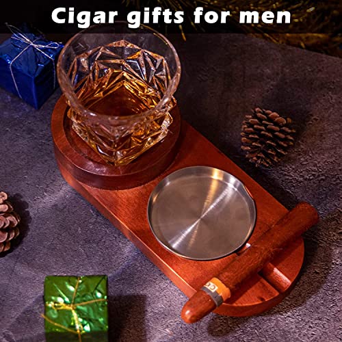 Cigar Ashtray Coaster Whiskey Glass Tray and Cigar Holder, Wooden Ash Tray, Slot to Hold Cigar, Cigar Rest, Cigar Accessories Set Gift for Men Dad, Great Decor for Home,Office or Bar