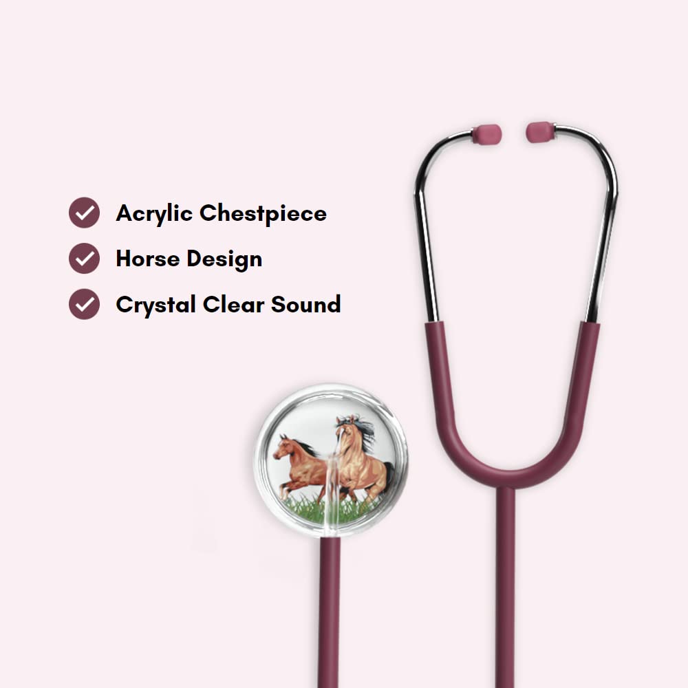Great for Veterinarians Or Animal Lovers, Burgundy Stethoscope, Horses on Diaphragm
