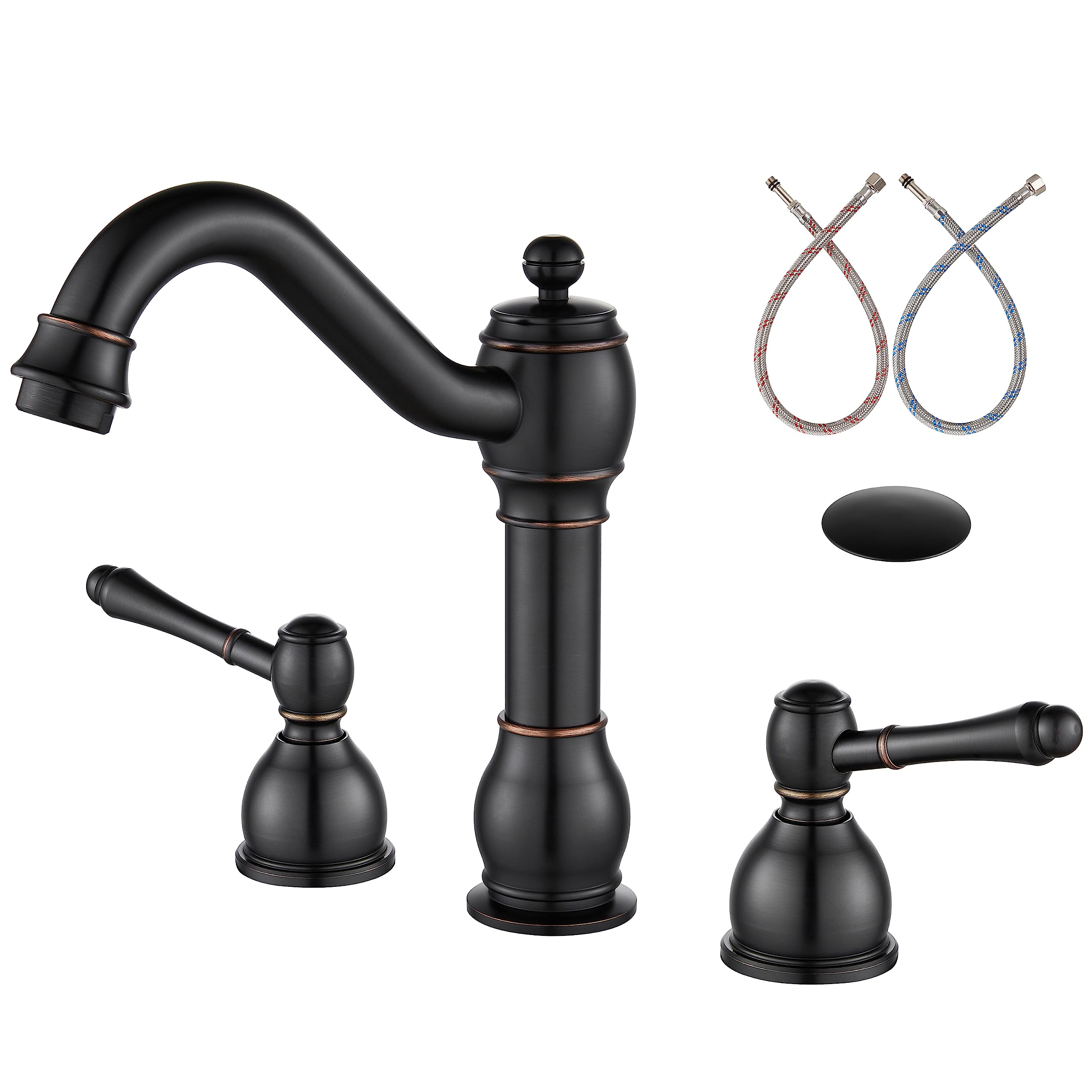 Aolemi 8 Inch Oil Rubbed Bronze Widespread Bathroom Sink Faucet Double Lever Handle 3 Holes Vanity Basin Mixer Tap Deck Mount with Pop Up Drain Assembly