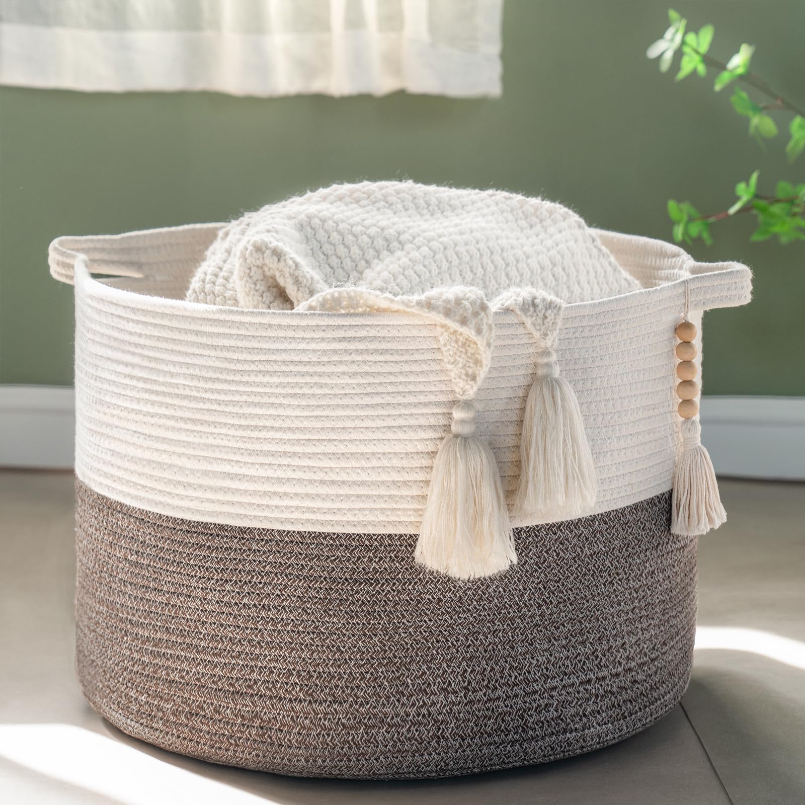Mkono Extra Large Laundry Basket Woven Cotton Rope Storage Baskets for Blankets Toys Clothes Organizer, Decorative Clothes Hamper with Handle, 21.7" x 13.8"
