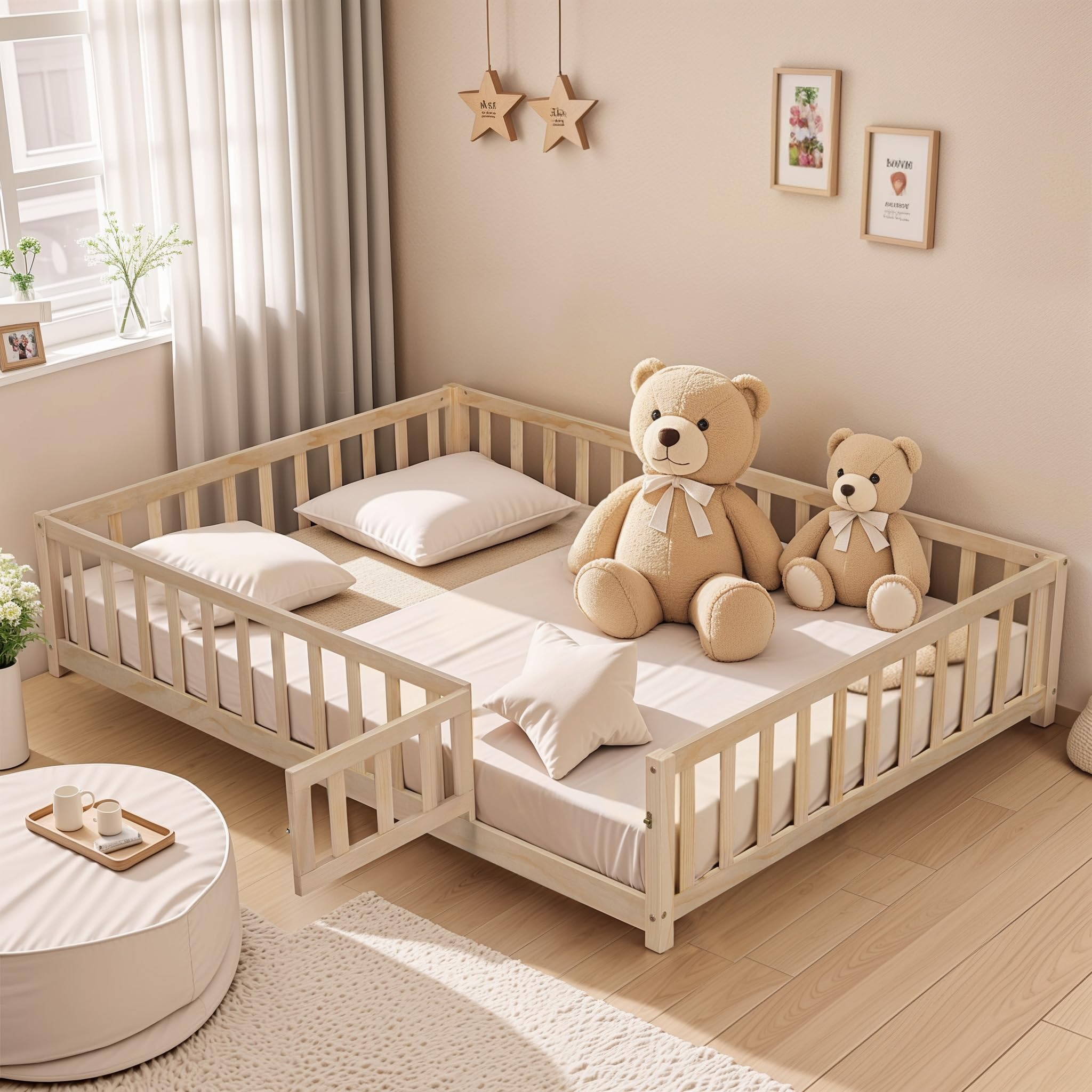 Anwick Full Size Floor Platform Bed with Fence and Door for Kids, Montessori Floor Bed Frame with Support Slats for Toddlers,Kids, Boys and Girls, Wooden Floor Bed (Natural)