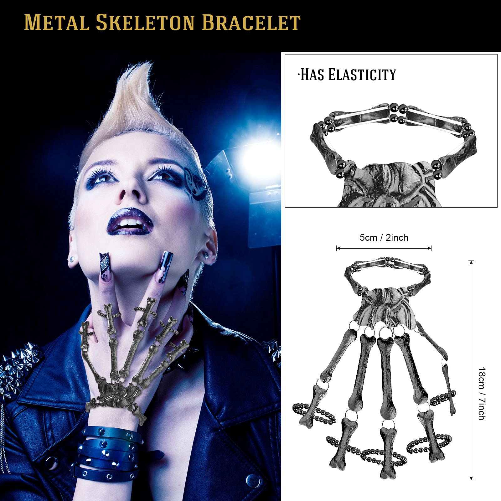 5 Pieces Full Finger Ring Punk Wristband Skull Fingers Hand Bracelet Skull Finger Skeleton Joint Bracelet Knuckle Full Ring for Halloween Accessories (Black)