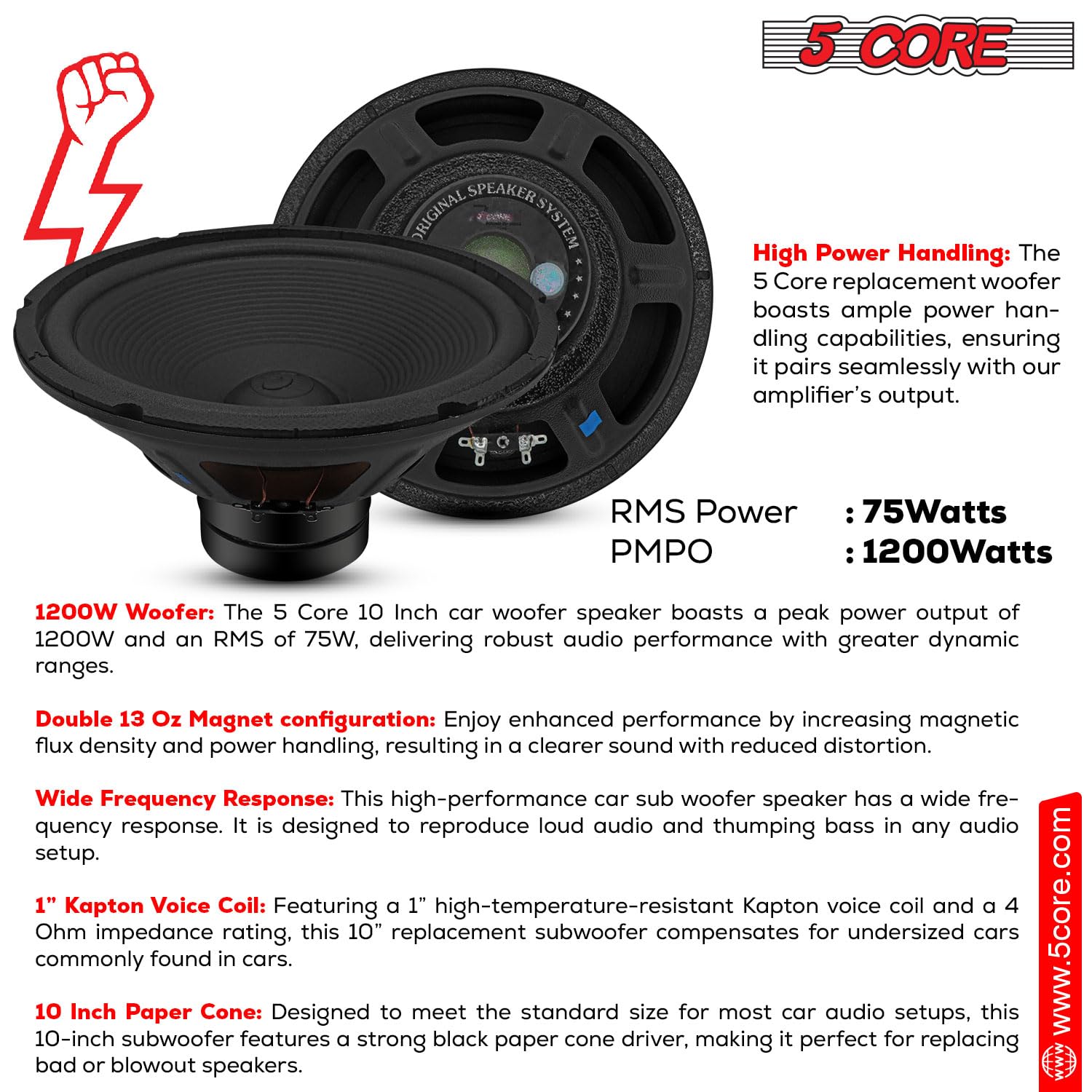 5 Core 10 Inch Subwoofer Speakers • 1200W Peak • 4 Ohm Replacement Car Sub Woofer w Powerful Bass • 1" Voice Coil • Double 13 Oz Magnet WF 1090 DBL