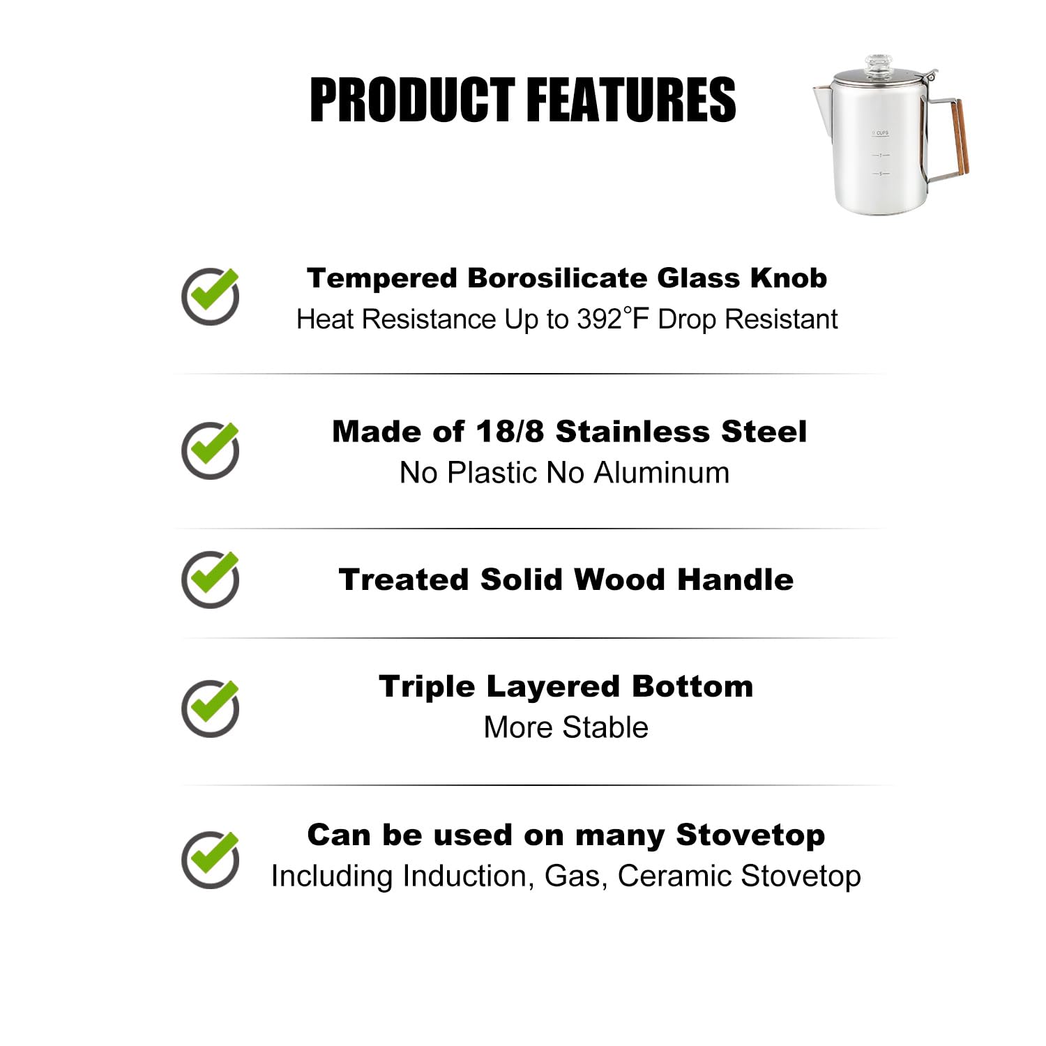 APOXCON Multi Use Coffee Percolator Using On Indoor Induction Cooktop, Electric Stove, Outdoor Campfire Stovetop, Camping Coffee Pot with Glass Knob Top 9 Cup