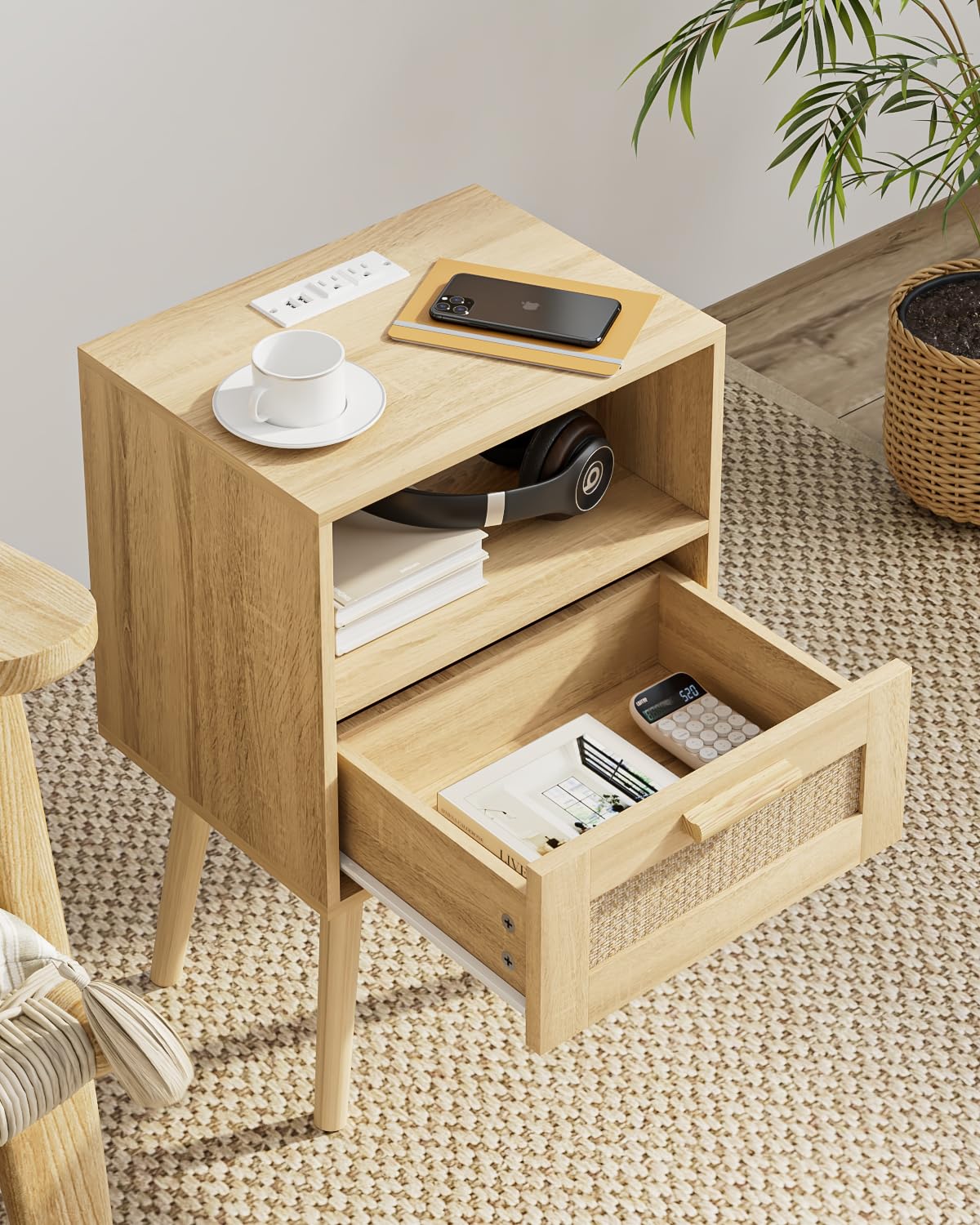 AEPOALUA Nightstands with Charging Station, End Table, Rattan Nightstand, Side Table with Hand Made Rattan Decorated Drawers, Wood Accent Table with Storage for Bedroom