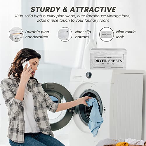 Cute Farmhouse Dryer Sheet Holder Dispenser with Hinged Lid Laundry Room Decor, Dryer Sheet Container Fabric Softener Dispenser Space Saving for Laundry Organization/Storage,Grey