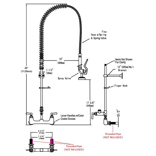 Aquaterior Upgraded Pre-Rinse Commercial Kitchen Faucet with Sprayer 44" Height Wall Mount Double Handle with Add-On 12" Rotatable Spout Pull Down for 2/3 Compartment Sink CUPC NSF CEC