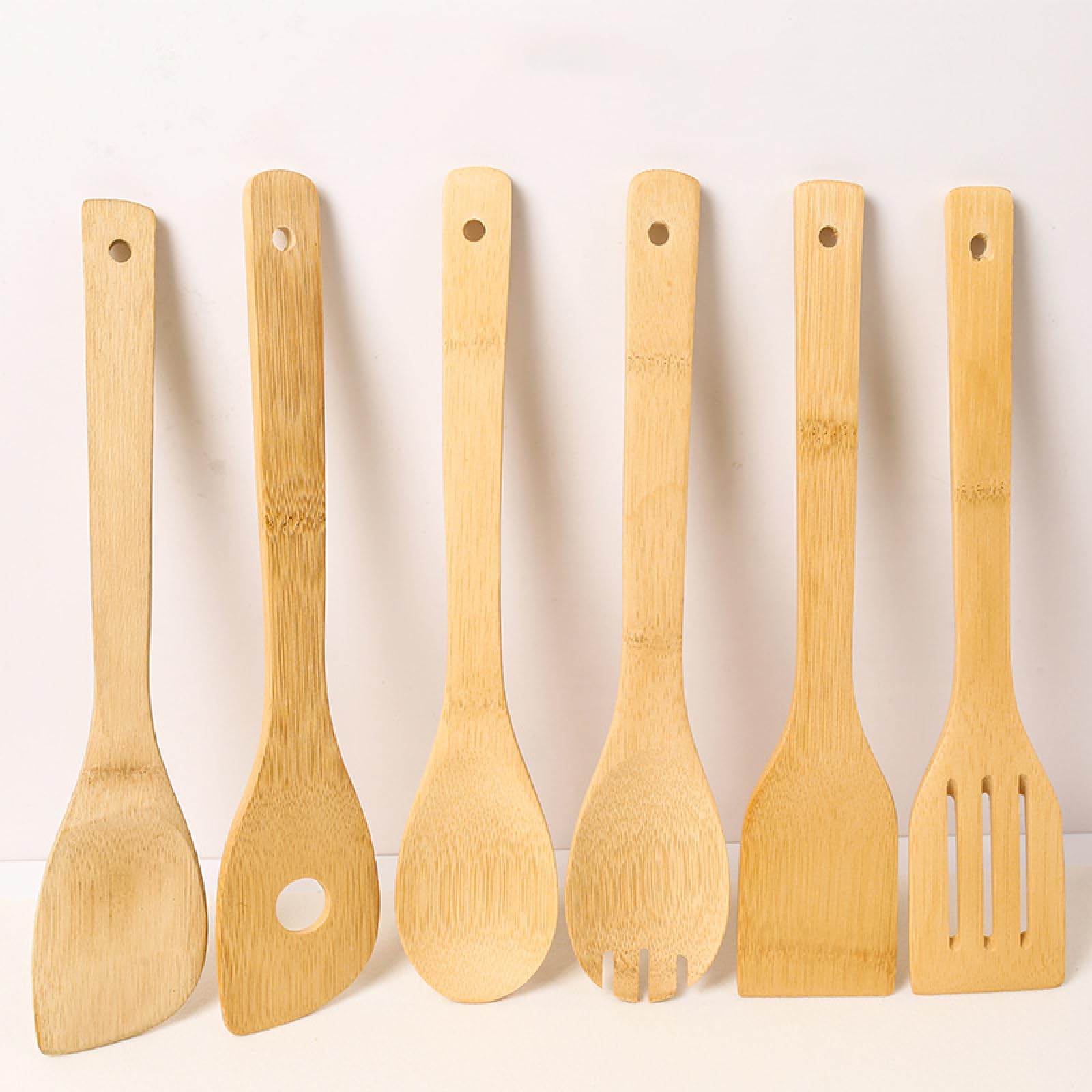 7 Pieces Bamboo Kitchen Utensils Set, Nonstick Pan, Stir-frying Spatula, Wooden Cutlery, Cooking Spoon, Hanging Knife, Round Fork
