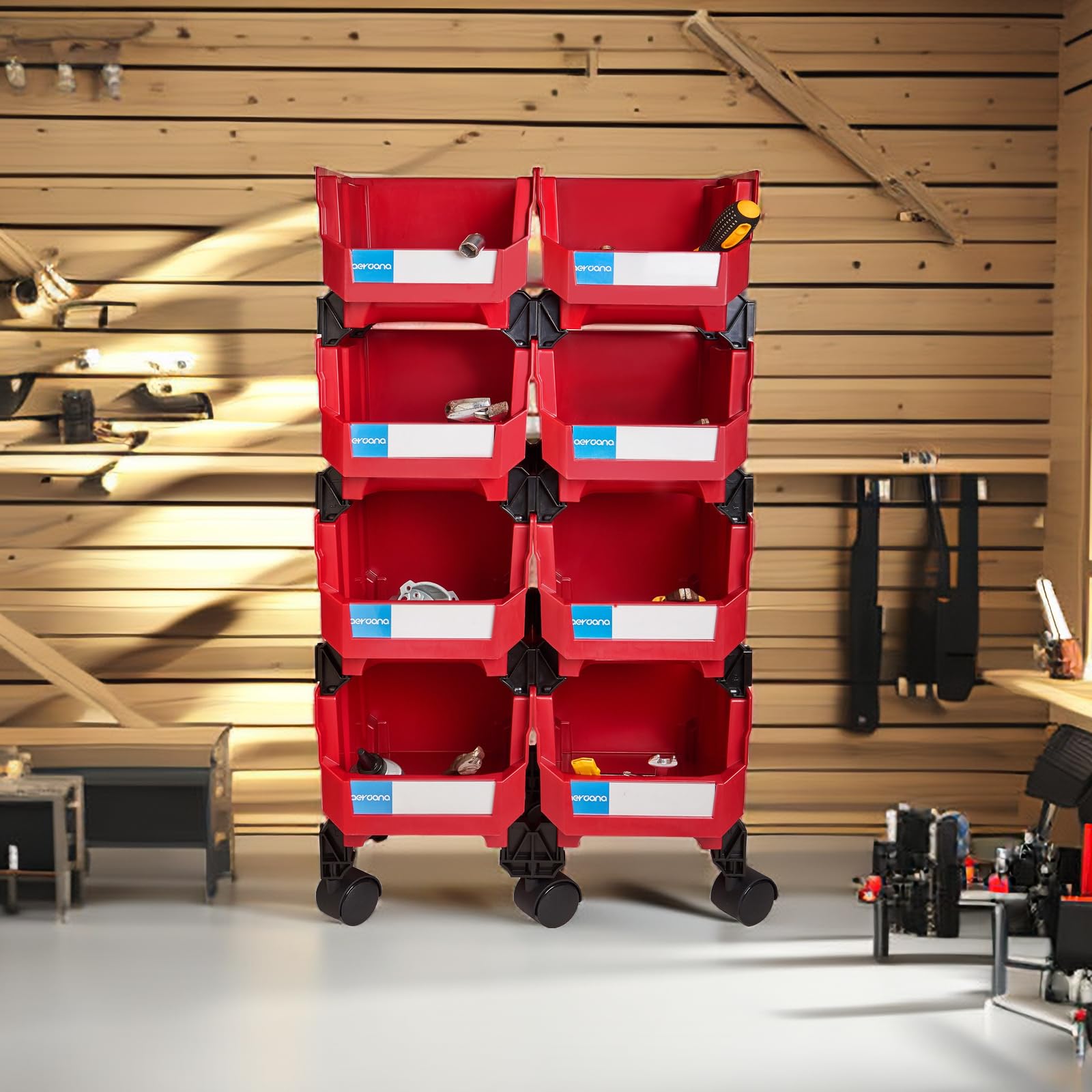 AERCANA Movable stacking storage bins tool storage bins for workshop,garage,warehouse,Red, 8-Pack