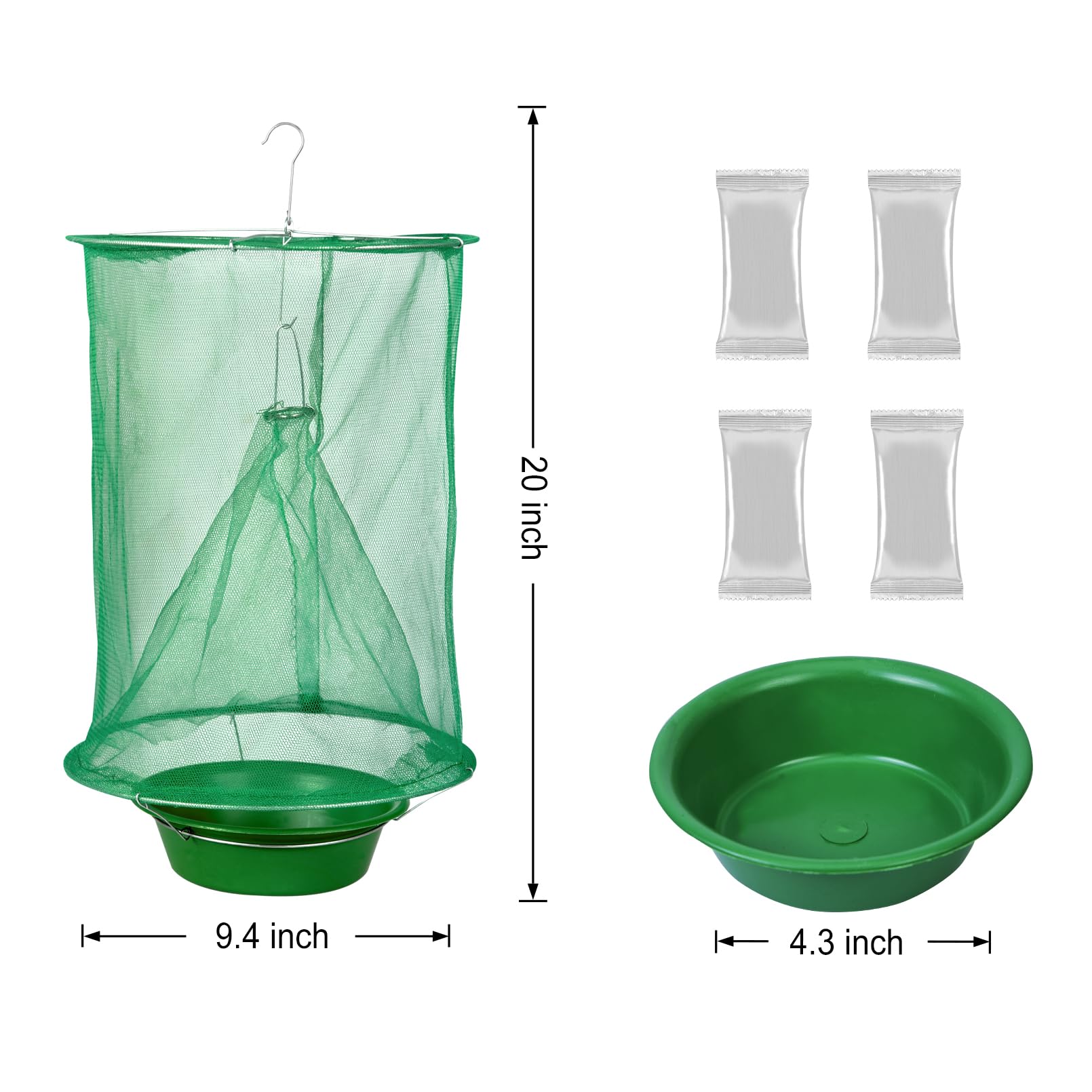 4 Pack Ranch Fly Traps, Hanging Stable Fly Trap, Disposable Fly Killer Cage, Fly Catcher Bag with Bait Tray, Fly Repellent for Outdoor and Indoor, Farms