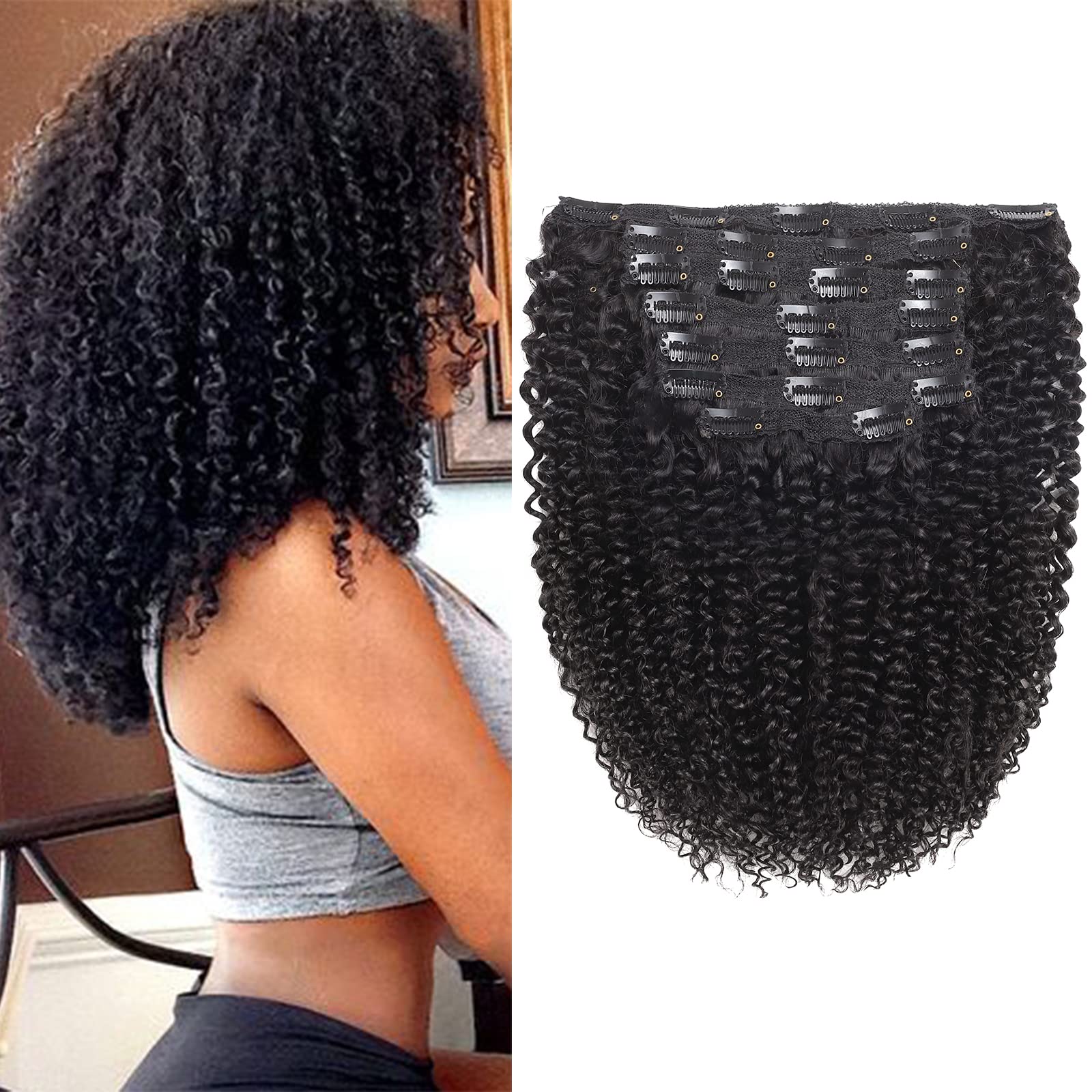 Rolisy Kinky Curly Clip In Hair Extensions Human Hair 16 Inch Curly Hair Extensions Clip In Human Hair for Black Women 3C 4A 4B Afro Kinky Curly Hair Clip Ins Soft Brazilian Remy Hair Thick Ends