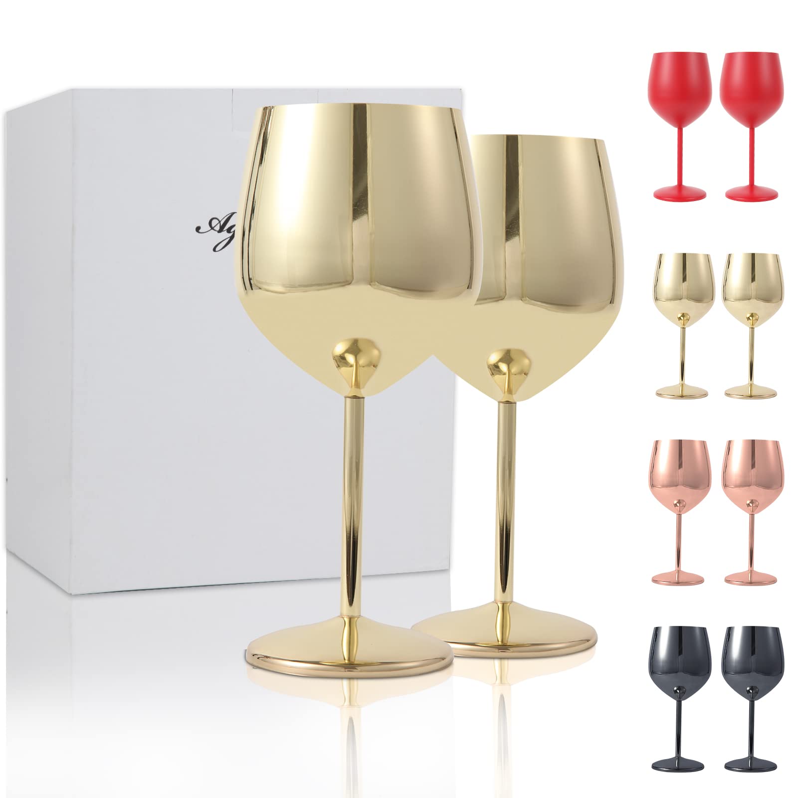 AgHook Wine Glasses 18/8 Stainless Steel, Set of 2 16 Oz Stemmed Wine Goblets, BPA Free Copper Coated Shatterproof, Elegant Tone Drinkware for Champagne and Cocktails