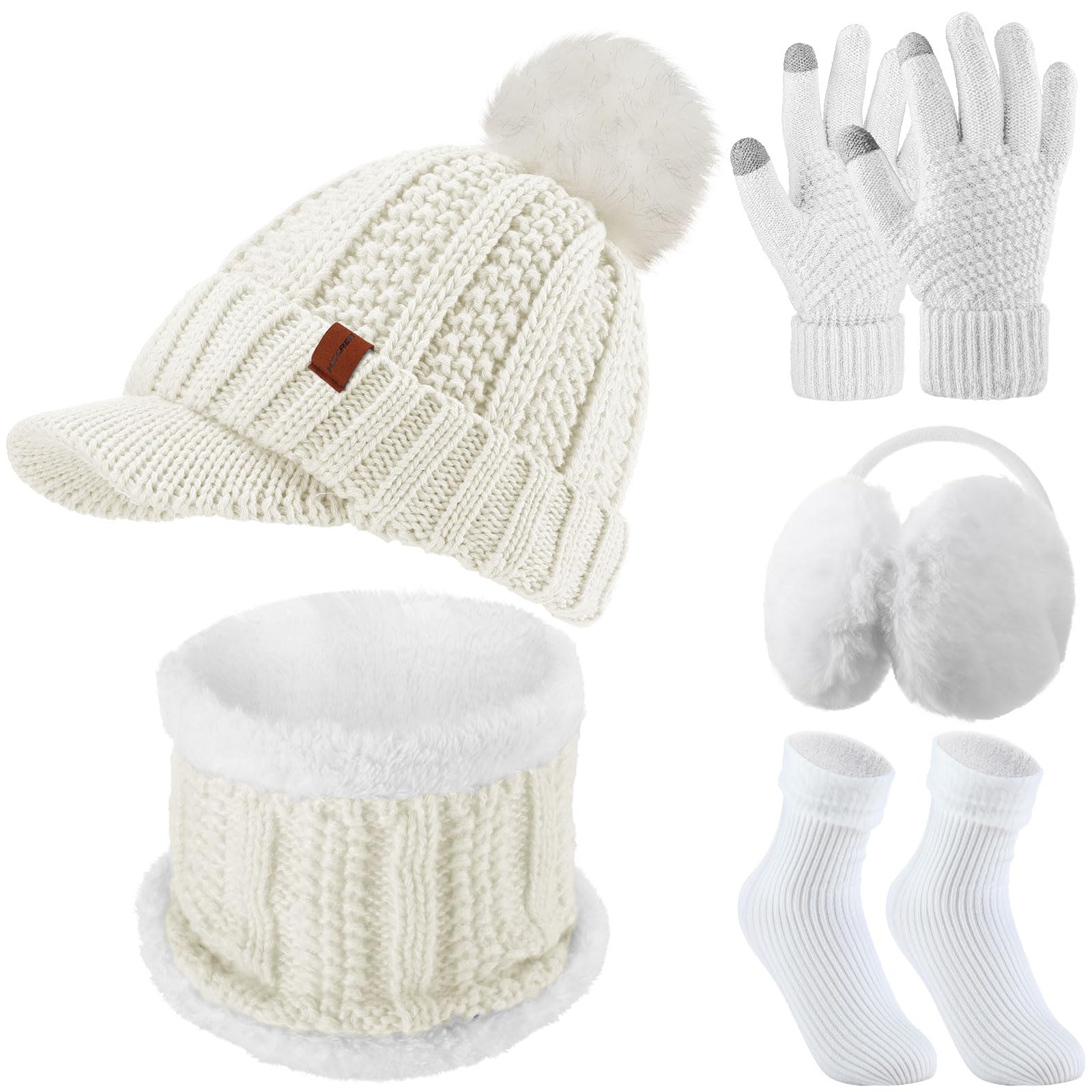 5 Pieces Women Ski Outing Set, Knit Winter Hat Scarf Gloves Earmuffs Stockings (Milk White, Simple Style)