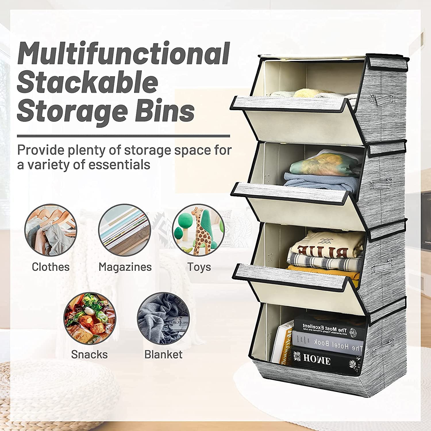 BUSHLY Magnetic Storage Bins, Set of 4 Stackable Fabric Cubes Organizer w/ Magnetic Lid & Side Handle, Foldable Storage Boxes for Toys, Clothes, Kids Room, Living Room (Black)