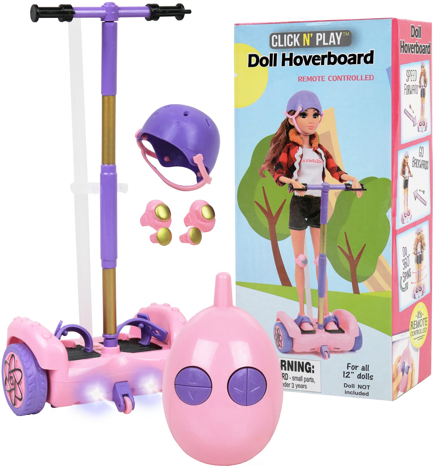 Click N' Play Scooter Set for 12" Dolls, Remote Control Pink Hoverboard with Helmet & Kneepad Accessories, Compatable with Barbies and Ken Dolls, Gifts for Girls Ages 3+, Girl Toys