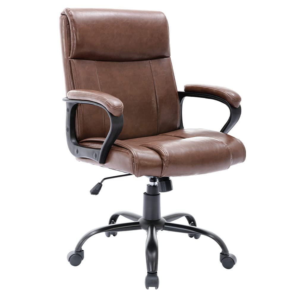 DYHOME Leather Office Chair Brown Desk Chair with Padded Armrests, Adjustable Home Office Chair Mid Back Swivel Task Chair, Ergonomic Mid Century Computer Chair, Capacity 400lbs